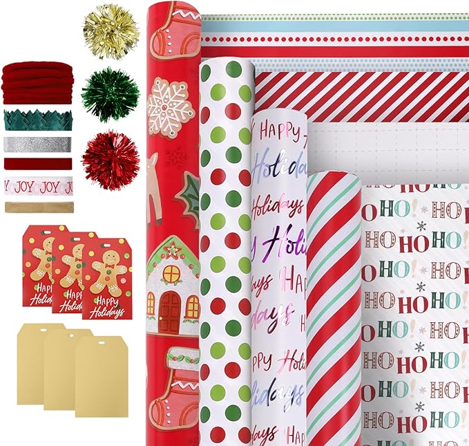 Amazon.com: LaRibbons Christmas Wrapping Paper Sets, Gingerbread Man ...