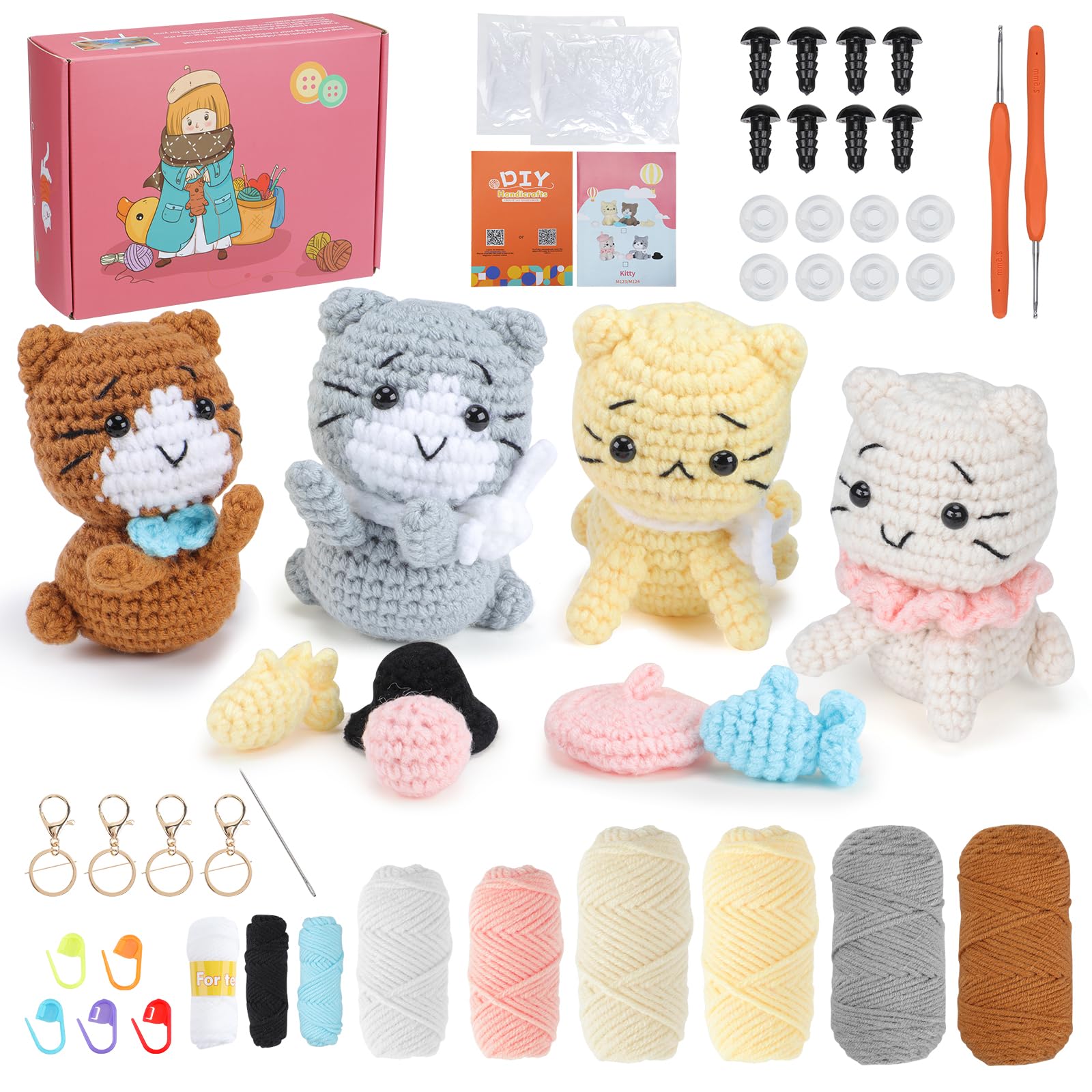 Helmsyde Crochet Kits for Beginners, Complete Cat Crochet Kit 4pcs ...