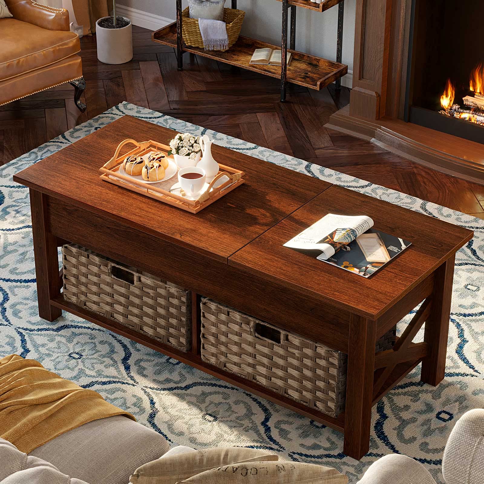 Rolanstar Lift Top Coffee Table With Storage And Rattan Baskets at ...
