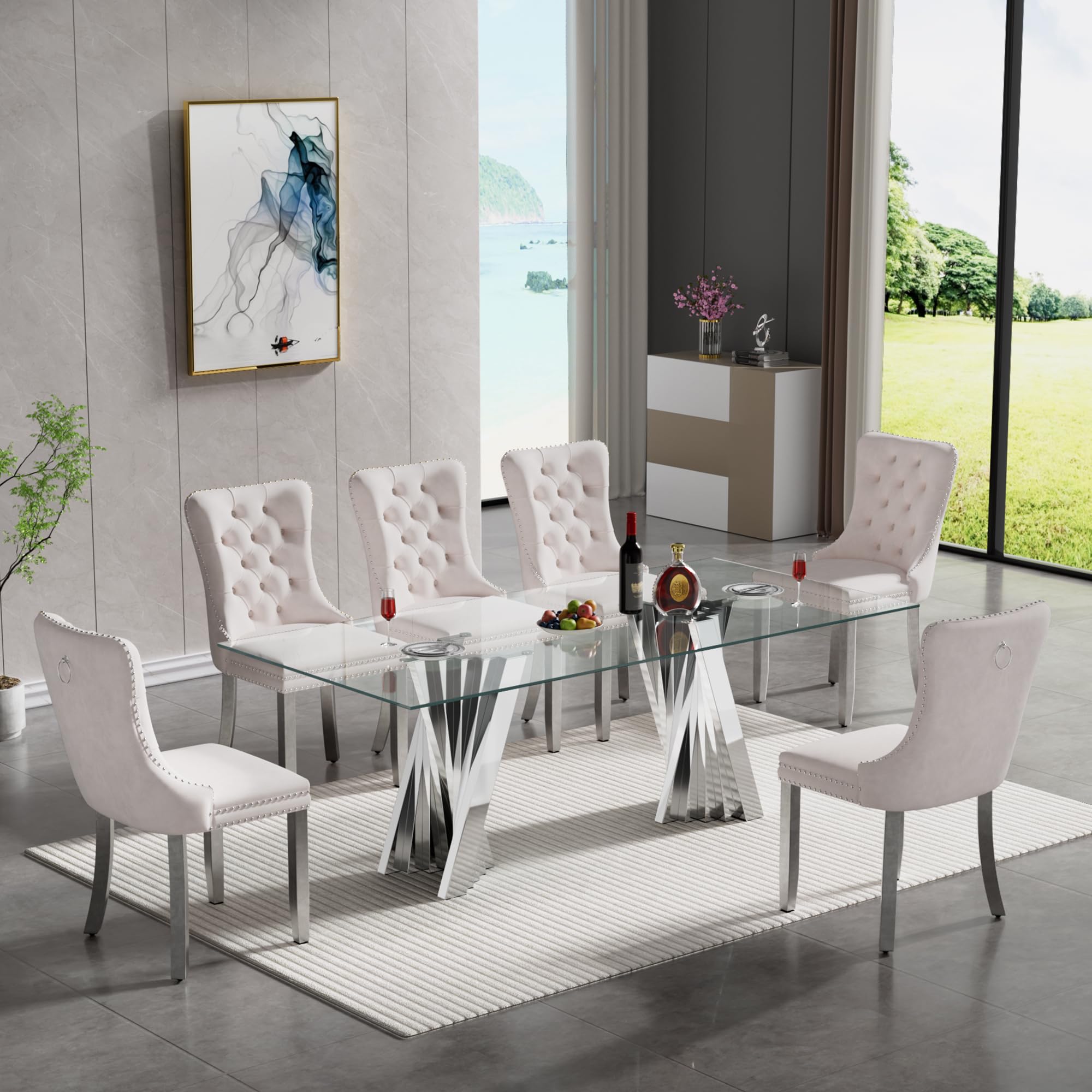 Amazon.com - KUVADAZ 70" Modern Silver Glass Dining Room Table Set for ...