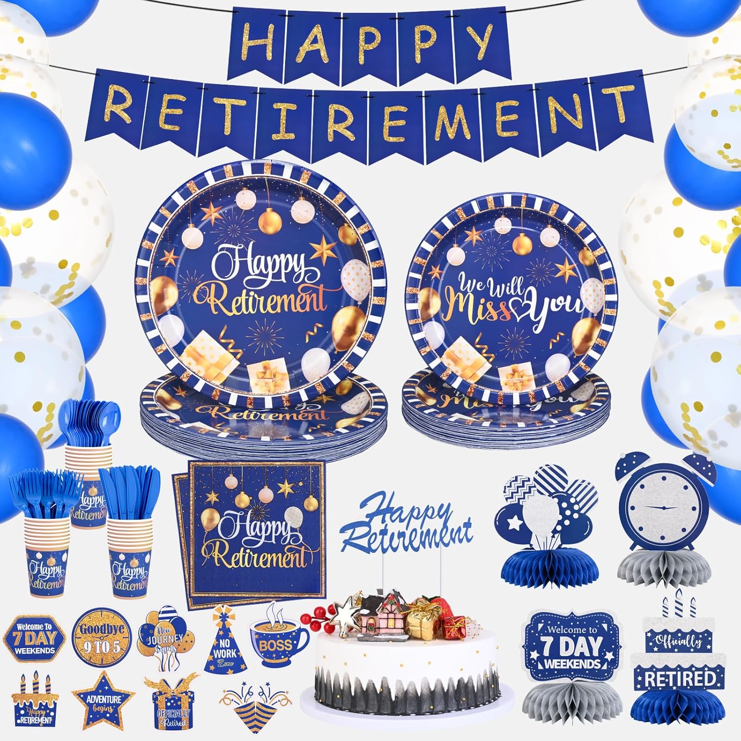 Amazon.com: Homlouue Retirement Party Decorations: Blue & Gold, Women ...