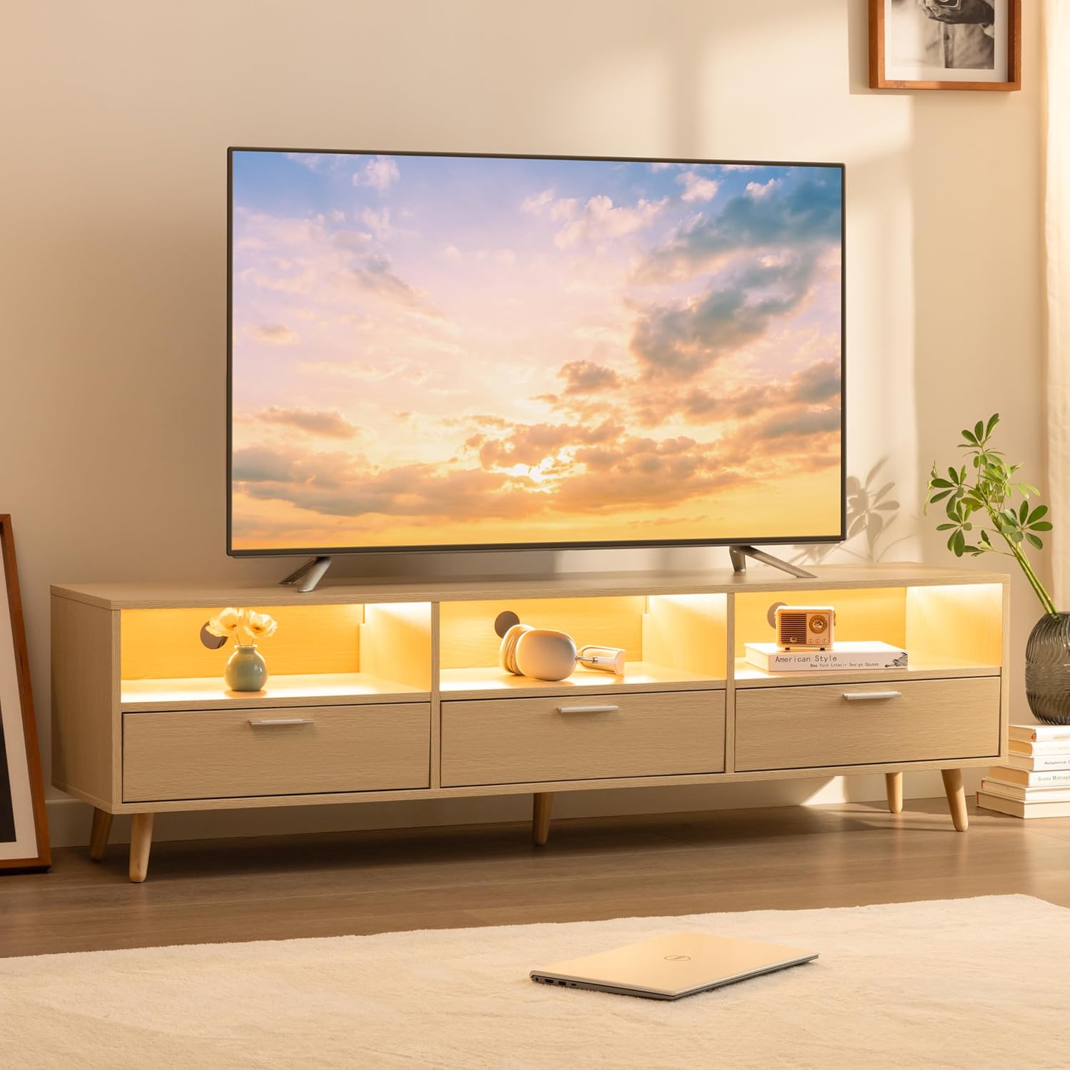 Amazon.com: Cubehom LED TV Stand for Living Room, Modern Entertainment ...