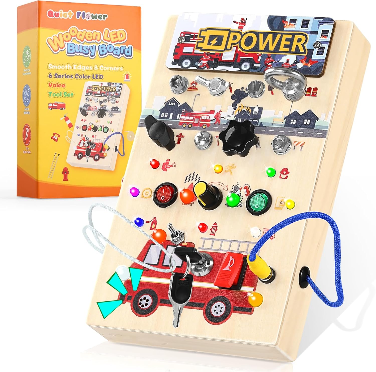 Amazon.com: 2 in 1 Montessori Wooden Toddler Busy Board with 8 LED ...