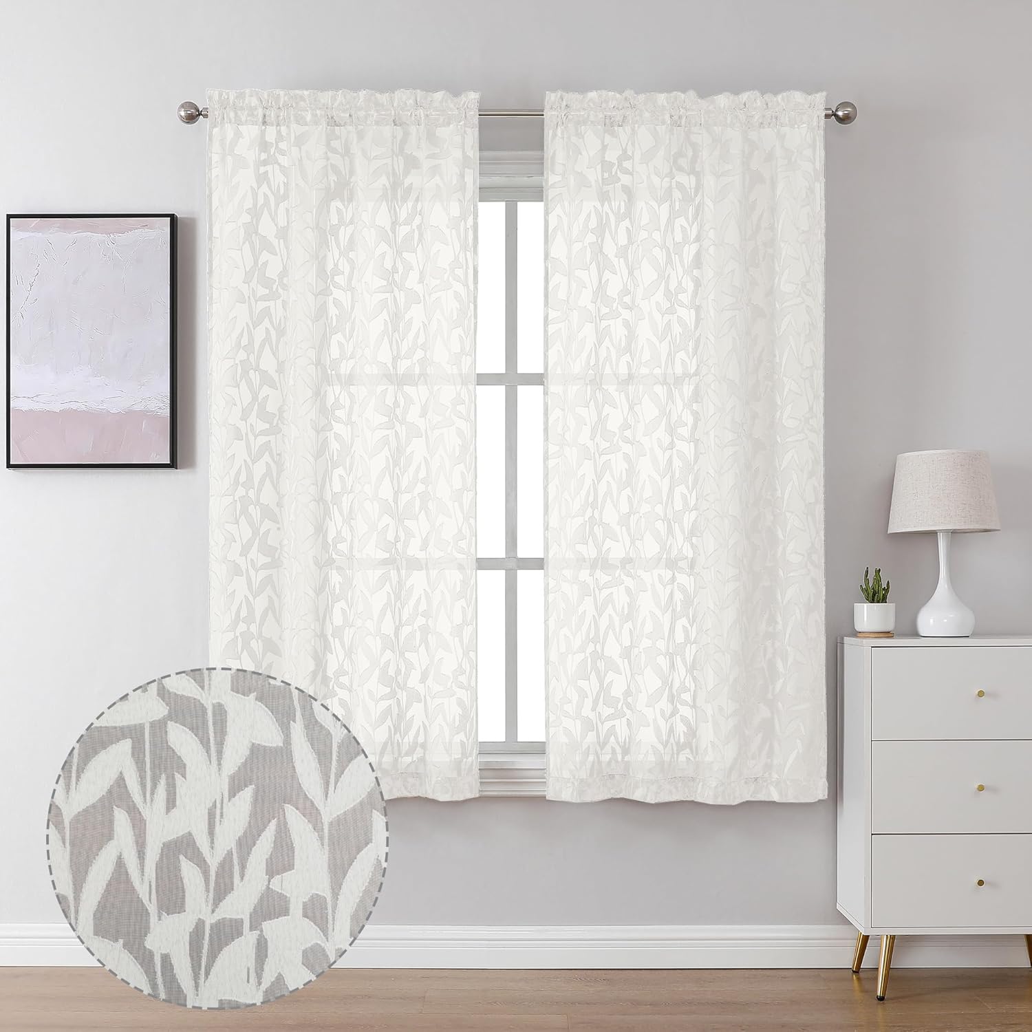 Amazon.com: Lecloud Leia Clip Textured Leaf Ivory Sheer Curtain 63 Inch Length 2 Panels, Light ...