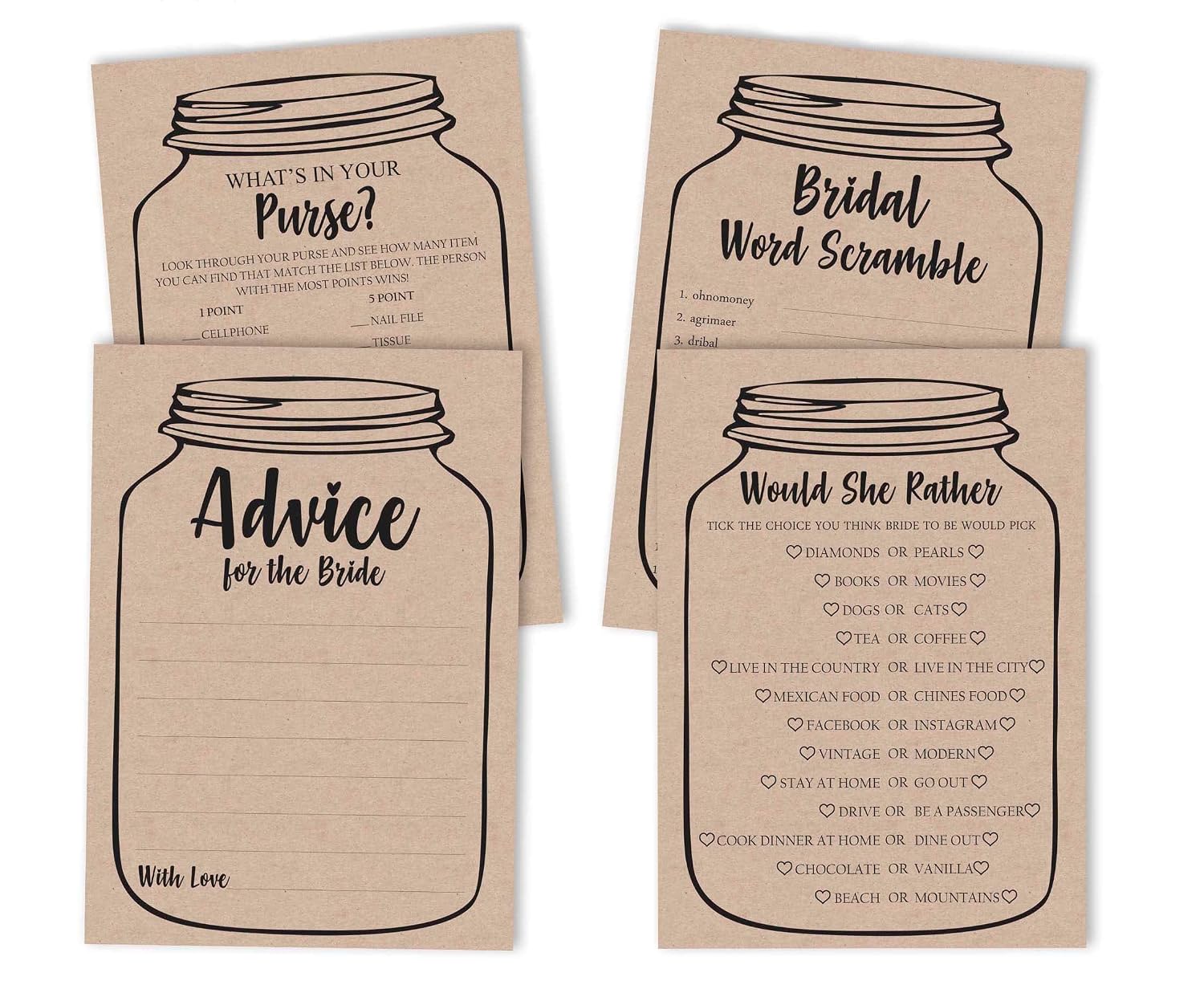 INKDOTPOT Rustic Kraft Mason Jar Bridal Shower Games Set of 4(50 Sheets ...