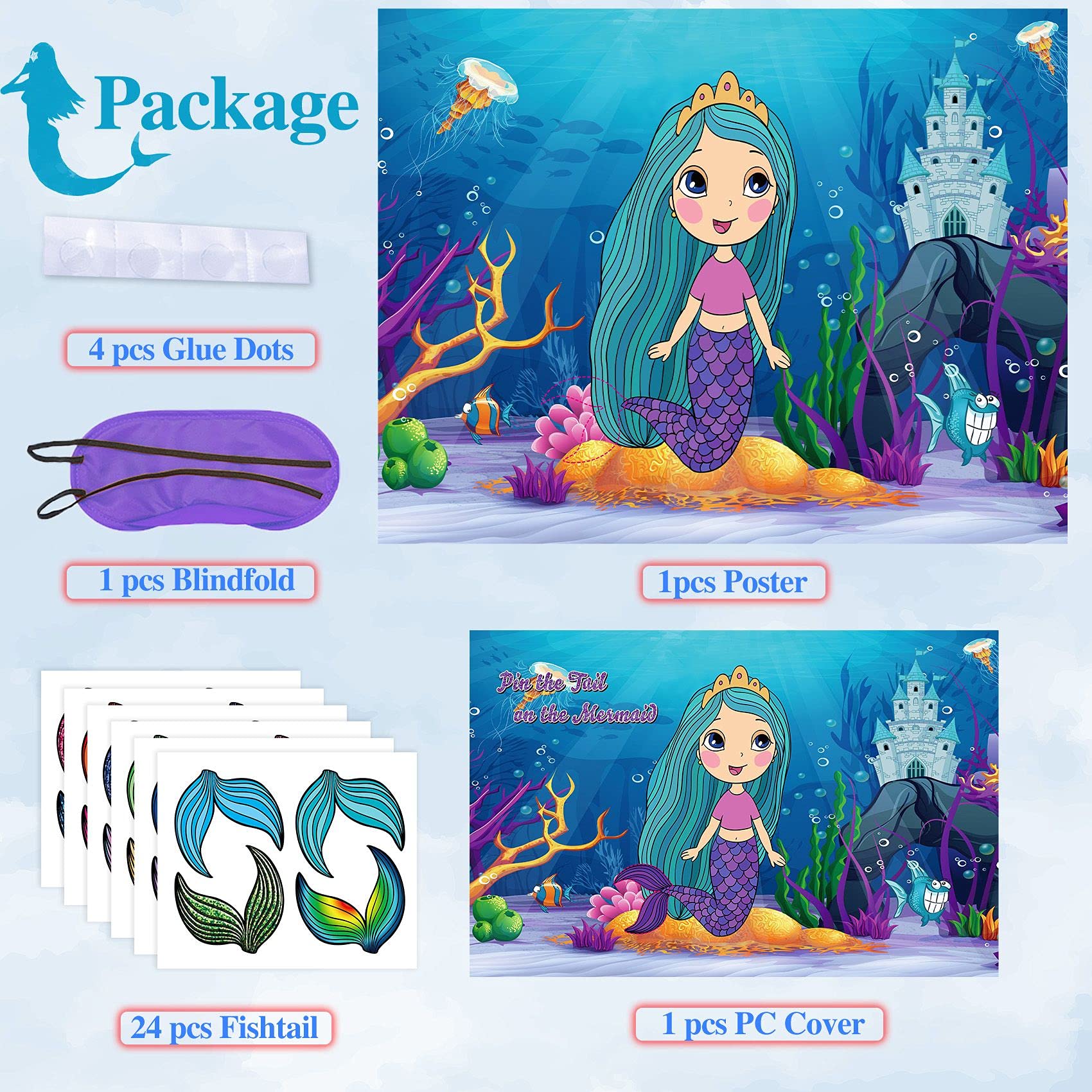 Funnlot Mermaid Party Supplies Pin the Tail on the Mermaid 24 PCS Tail ...