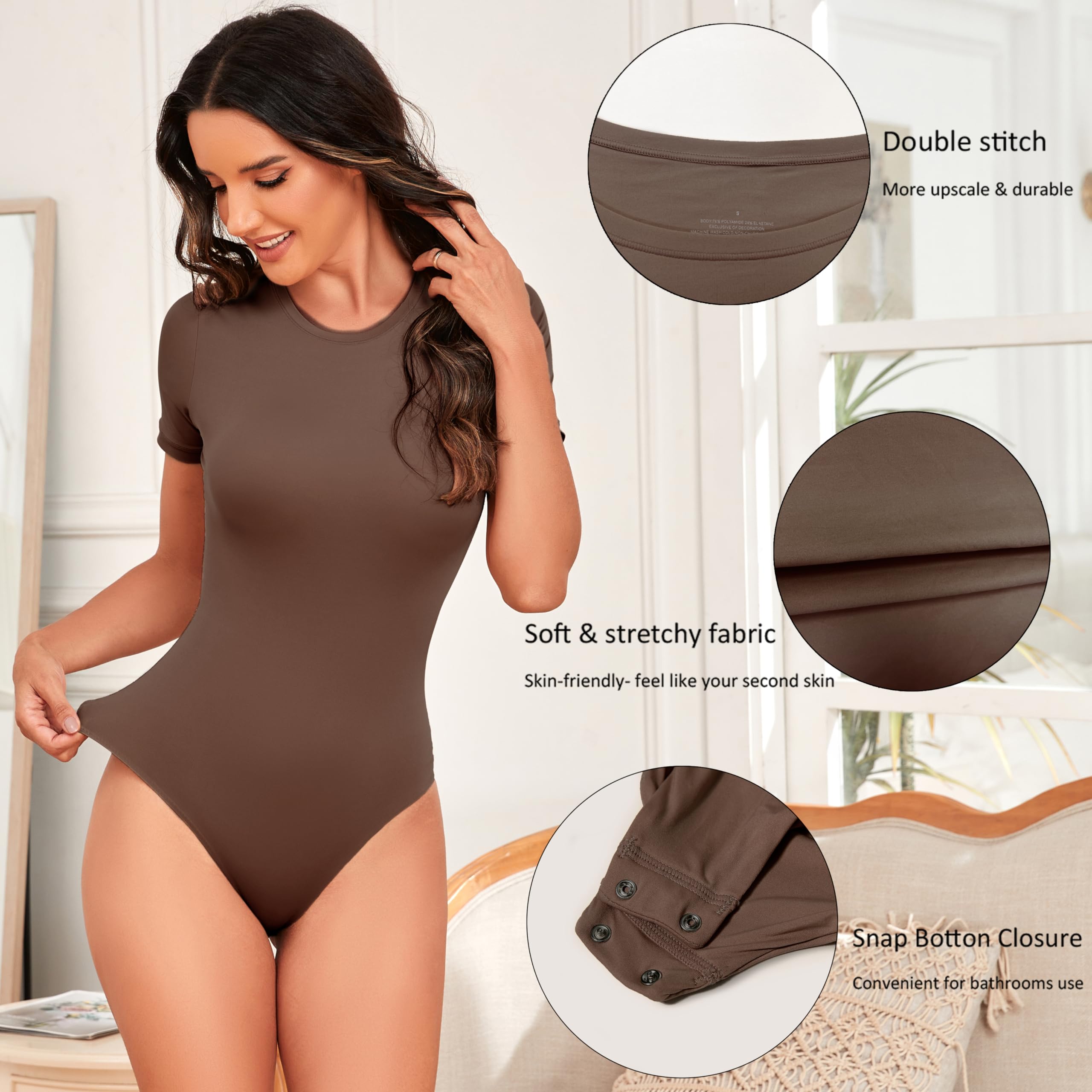 Snapklik.com : Womens Round Neck Short Sleeves Bodysuit T-Shirts Top Basic Body Suit