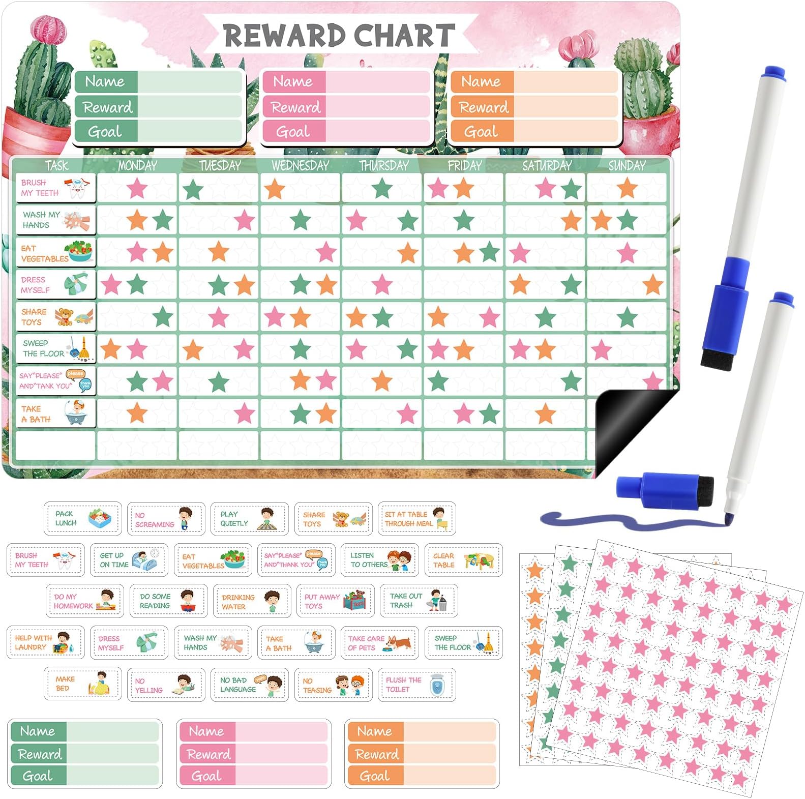 Amazon.com: Yeaqee Reward Chart for Kids 17 x12 Cactus Magnetic Chore ...