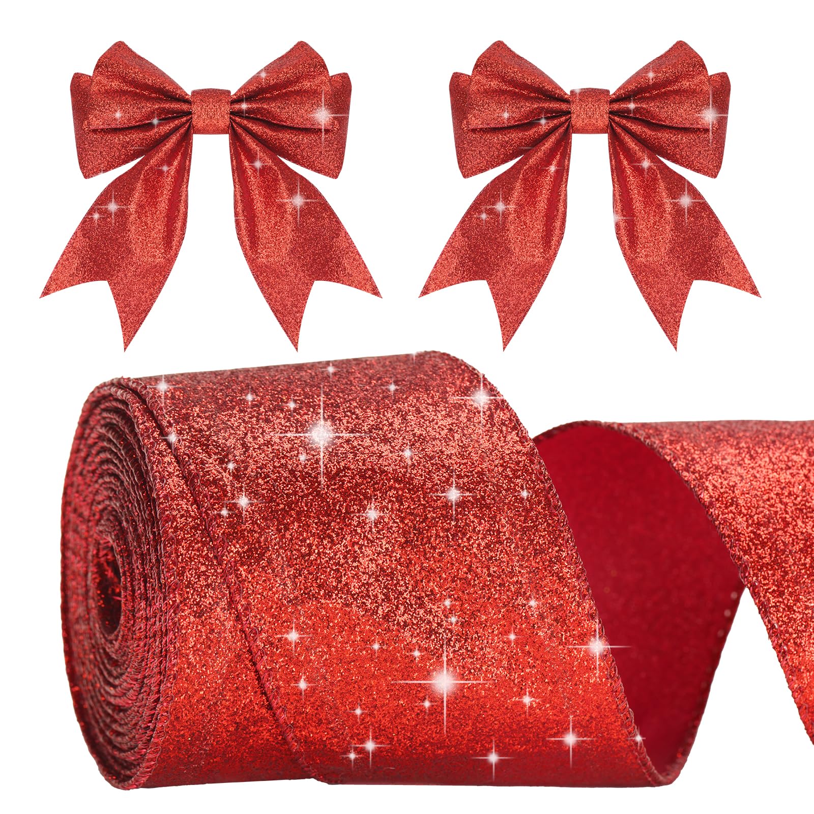 Amazon.com: Anwyll Red Glitter Ribbon,Christmas Red Metallic Wired Edge ...