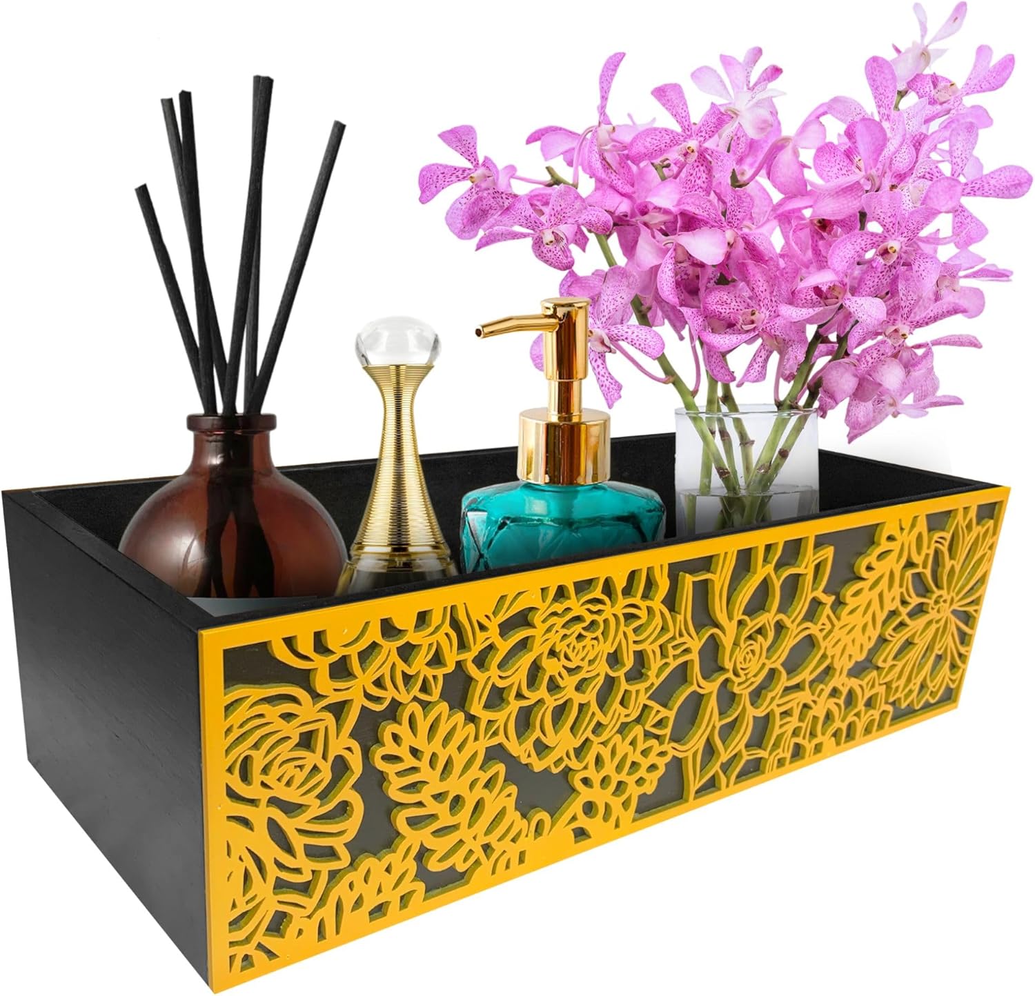 Amazon.com: CRATEHILL Black & Gold Wooden Toilet Tank Top Basket with ...