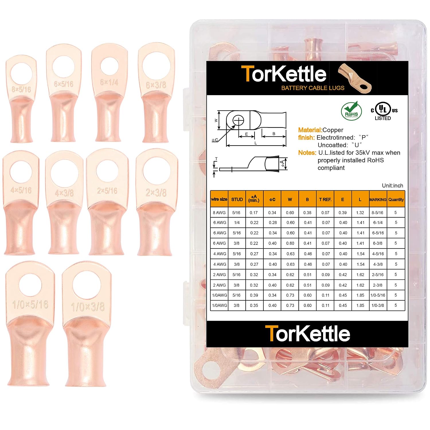 Copper Battery Ring Terminal Connectors,UL Listed AWG Cable Wire Lugs ...