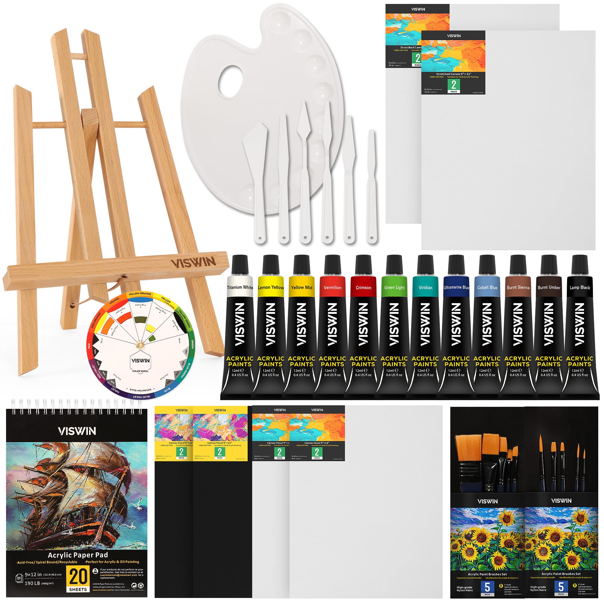 Amazon.com: VISWIN 50 Pcs Acrylic Paint Set with Wooden Easel, Acrylic Painting Set with 12 ...