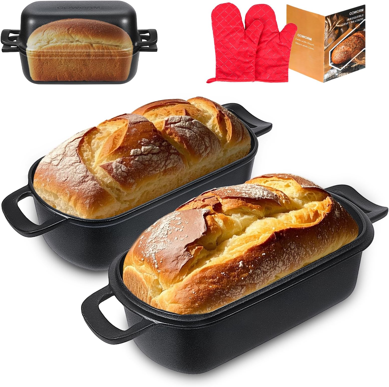 Amazon.com: COWORM 10x5 Cast Iron Loaf Pan with Lid - 2 in 1 Bread Pans ...