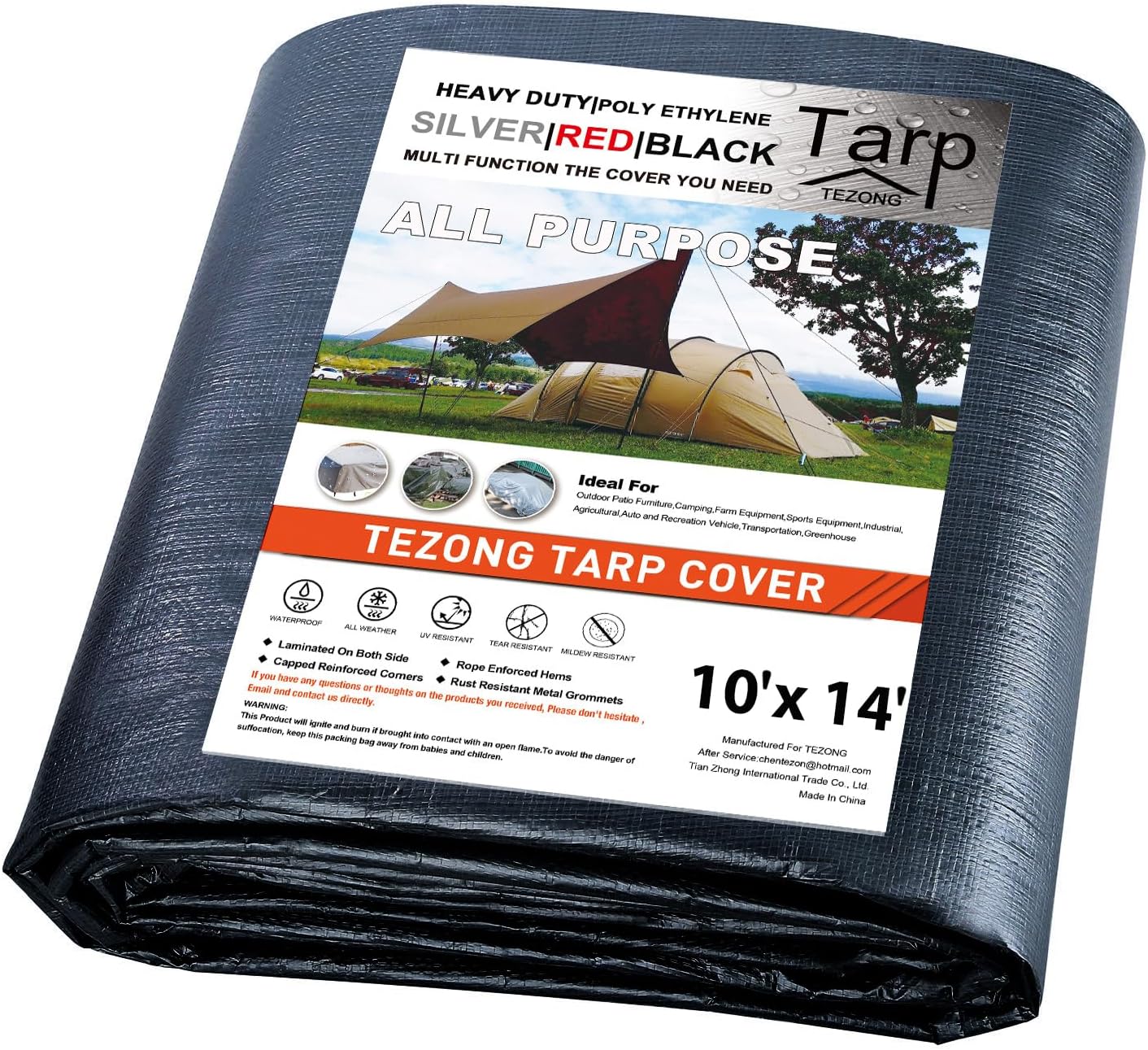 TEZONG Heavy Duty Waterproof 10x14ft Black Plastic Tarp, 16 Mil Thick ...