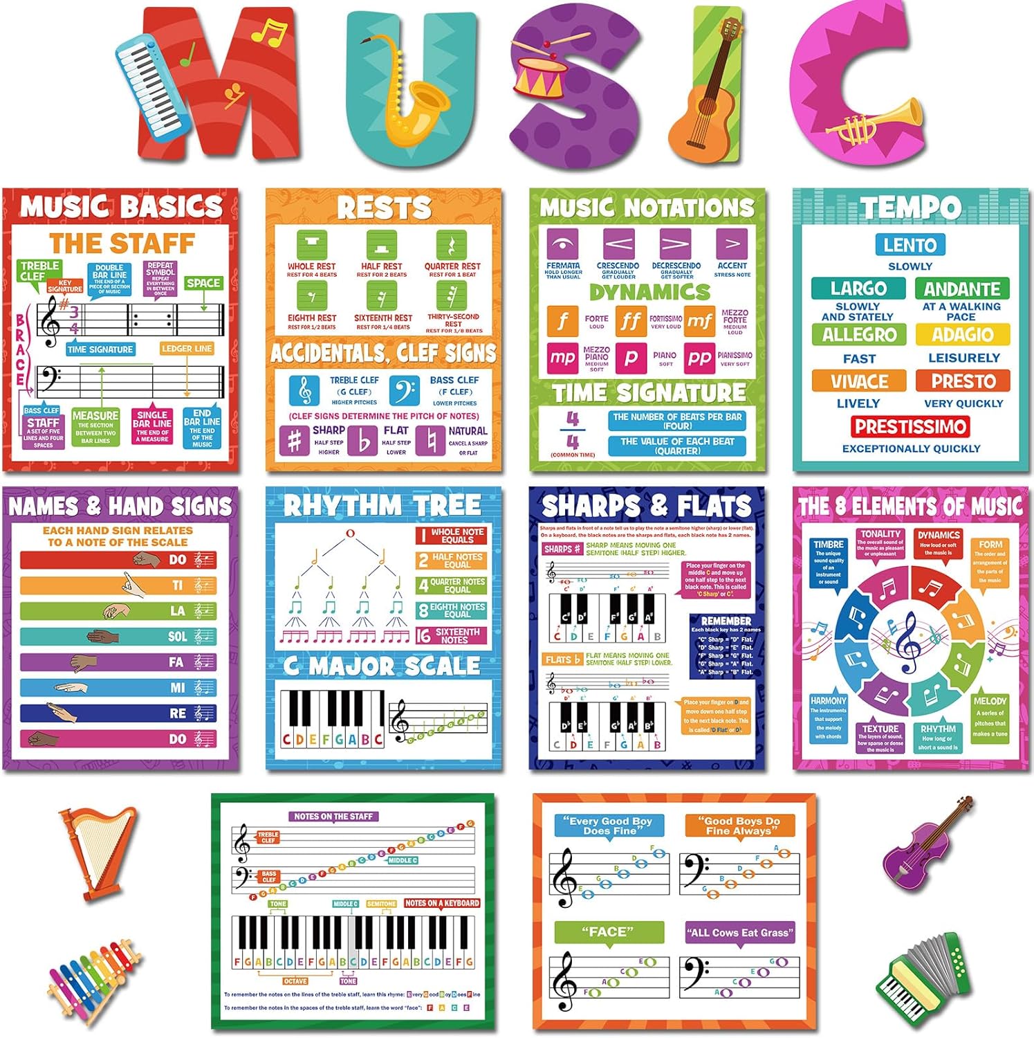 Amazon.com: Chiisong 19 Pcs Music Classroom Decorations Music Posters ...