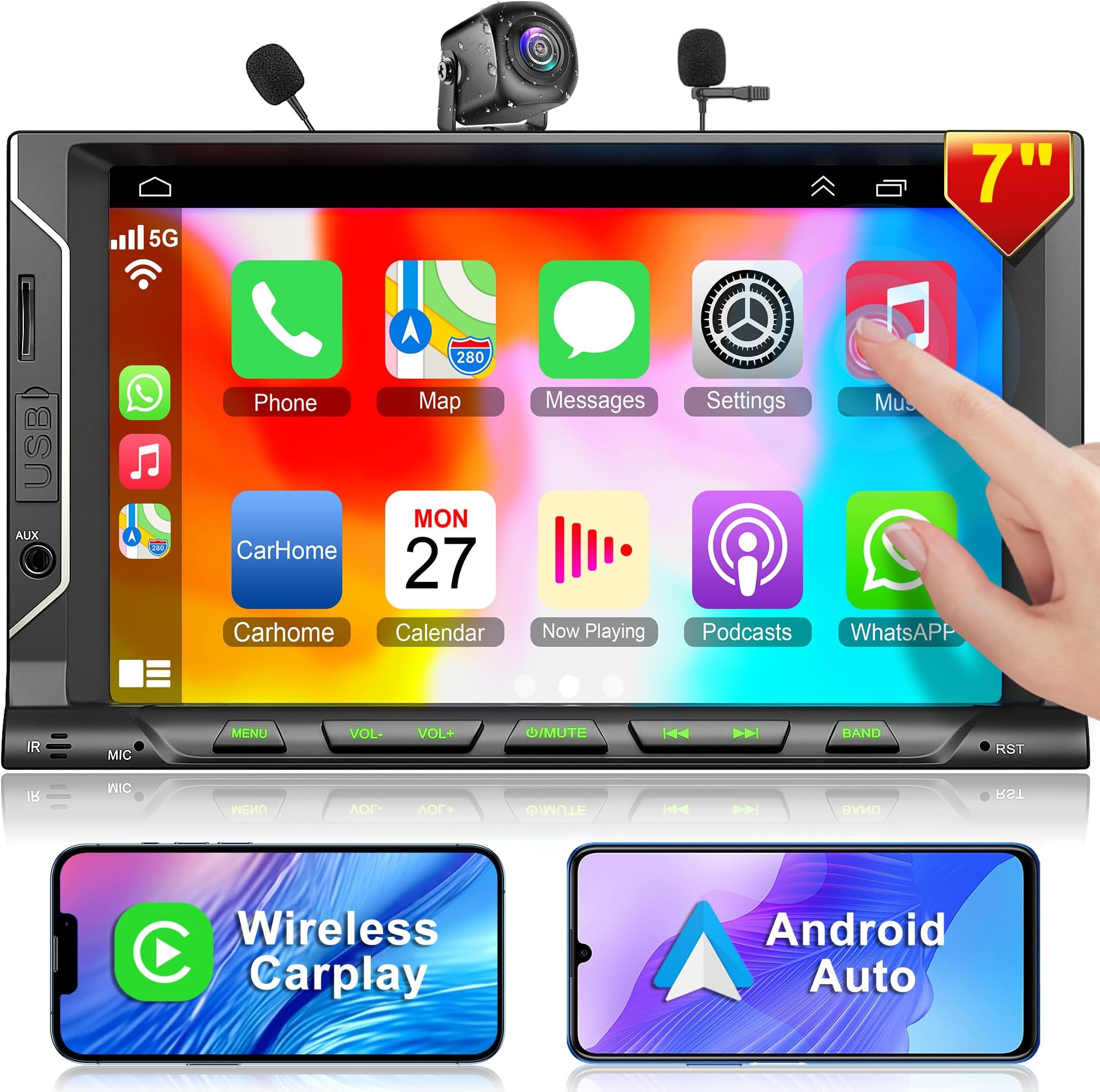 Amazon.com: Double Din Car Stereo with Wireless Carplay & Android Auto ...