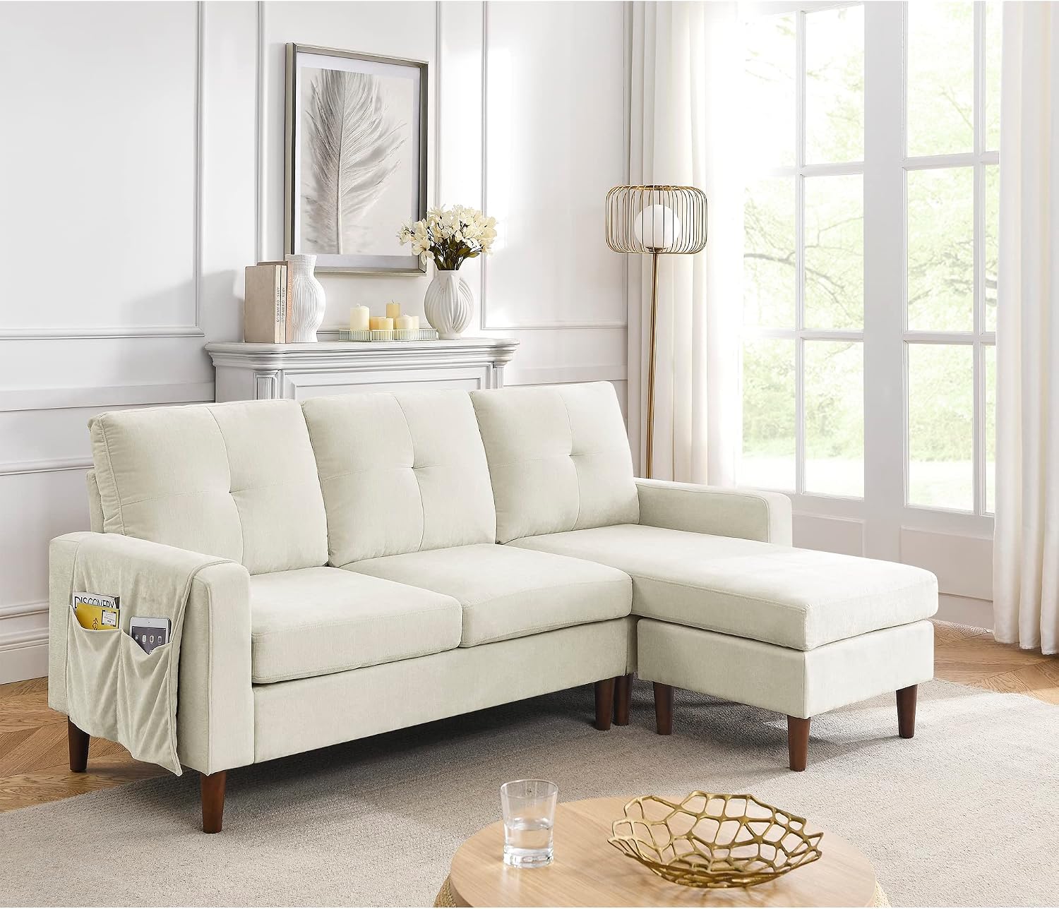 Amazon.com: L-Shaped Couch with Modern Linen Fabric for Small Space ...