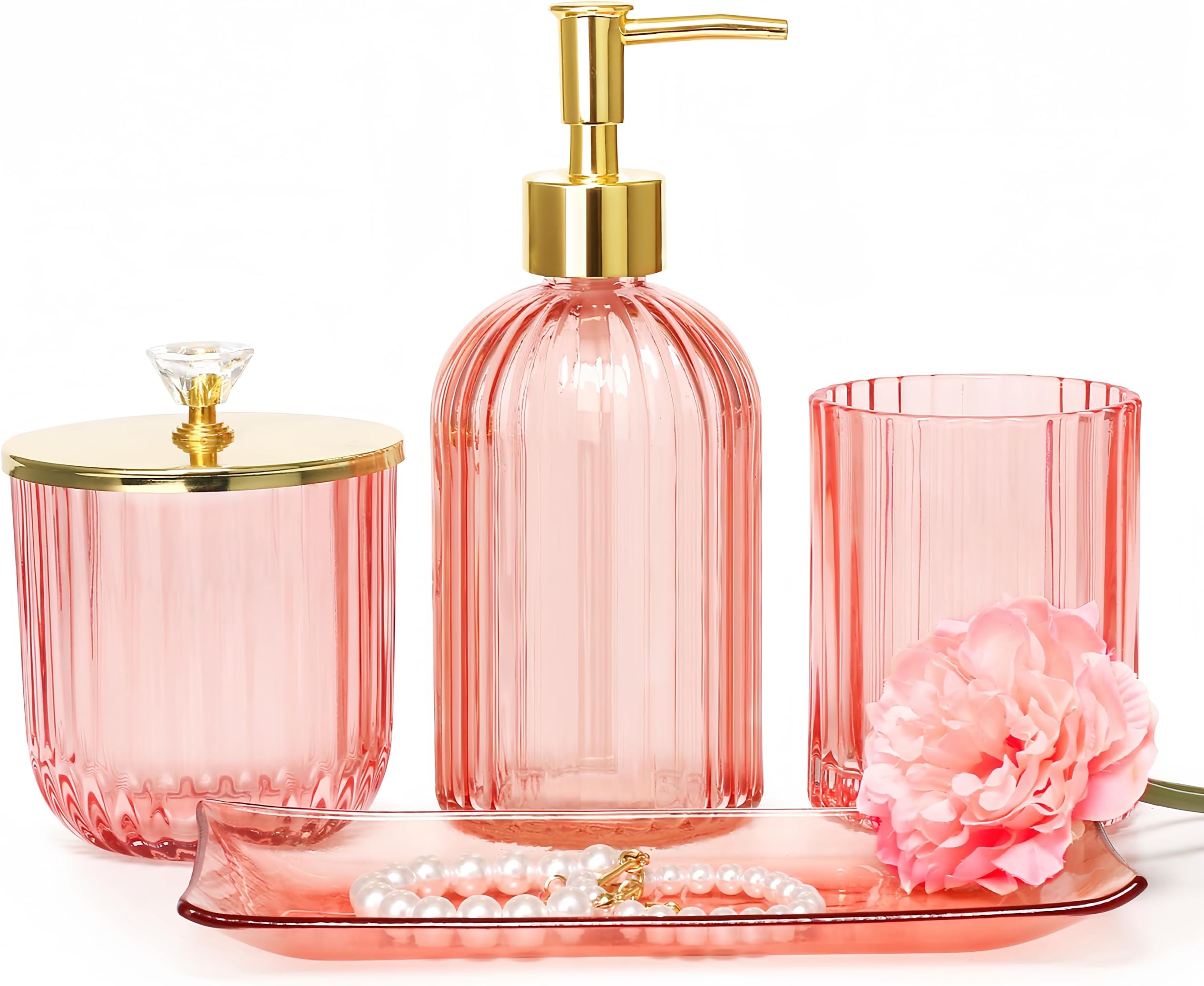 Amazon.com: Pink Bathroom Accessories Set, 4Pcs Glass Bathroom Decor ...