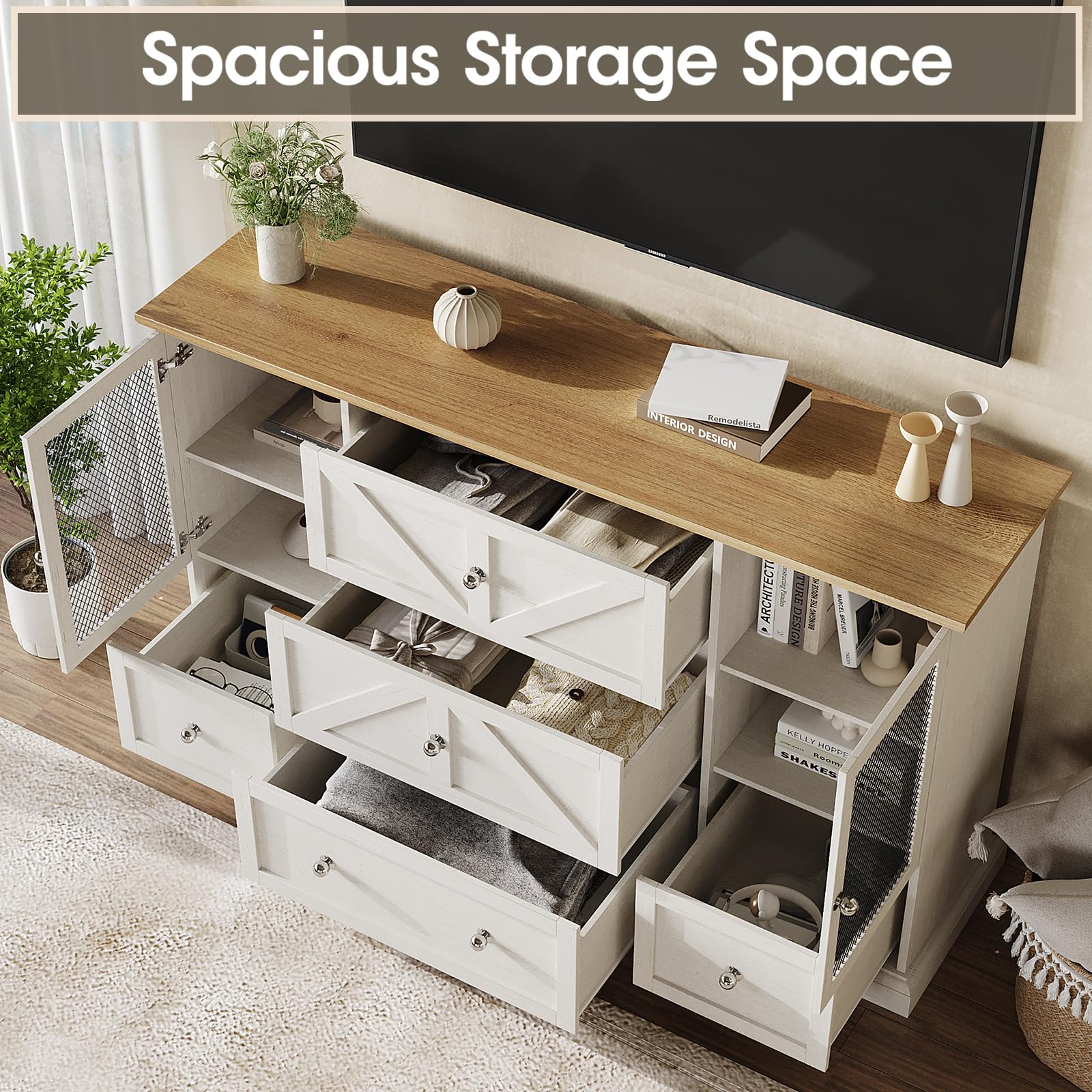 Media Console With Drawers Farmhouse TV Stand For 65 Inch TVs - Walnut ...
