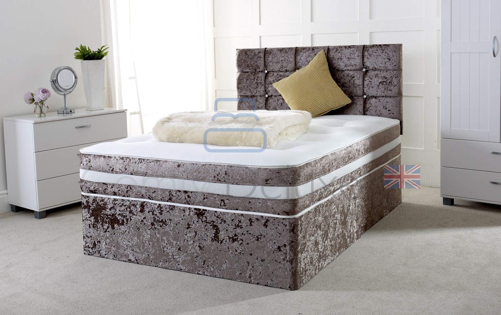 TRUFFLE CRUSHED VELVET DIVAN BED with MATTRESS | FREE HEADBOARD ...