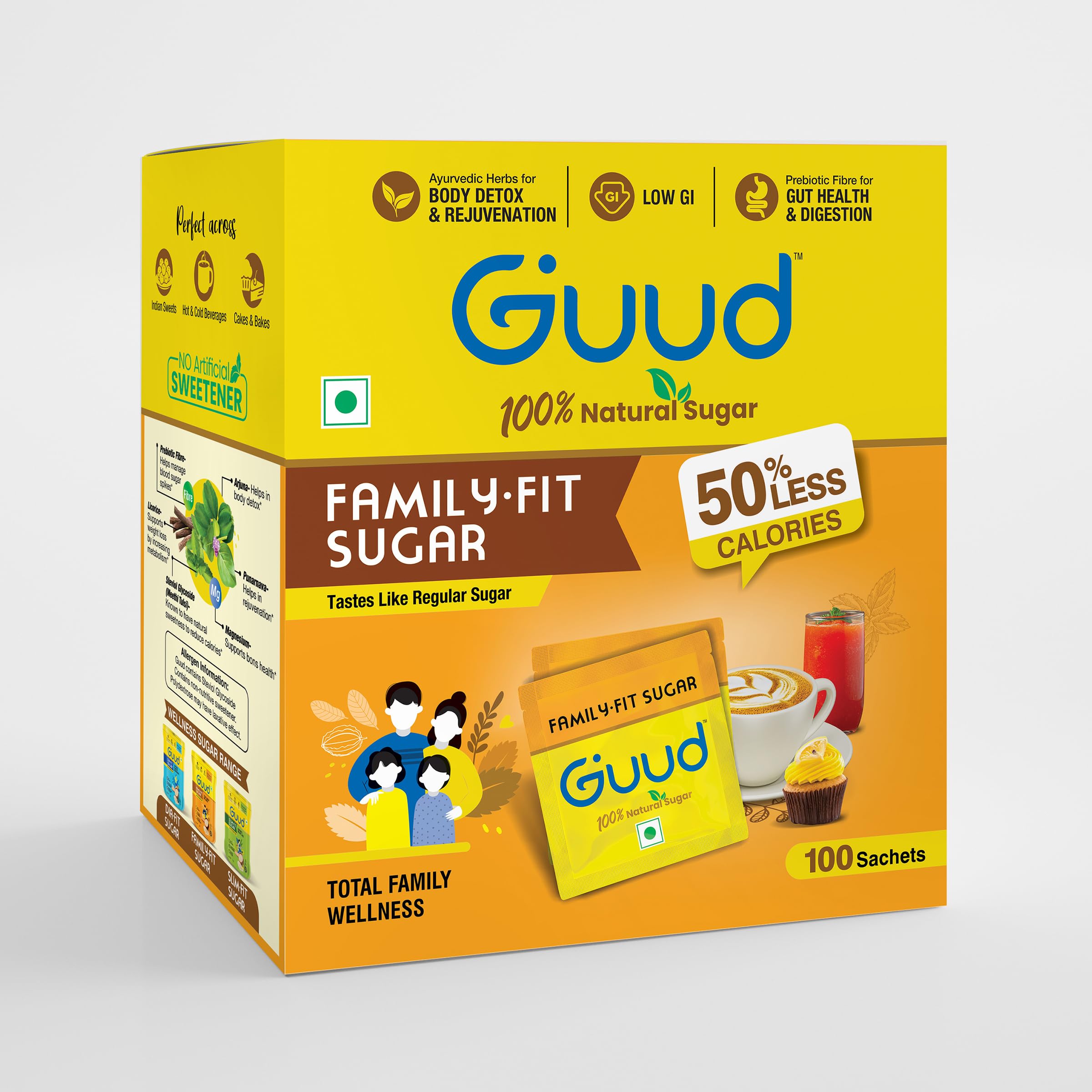 Buy Guud- Family Fit Sugar 100 Sachets | 100% Natural Sugar | Low ...