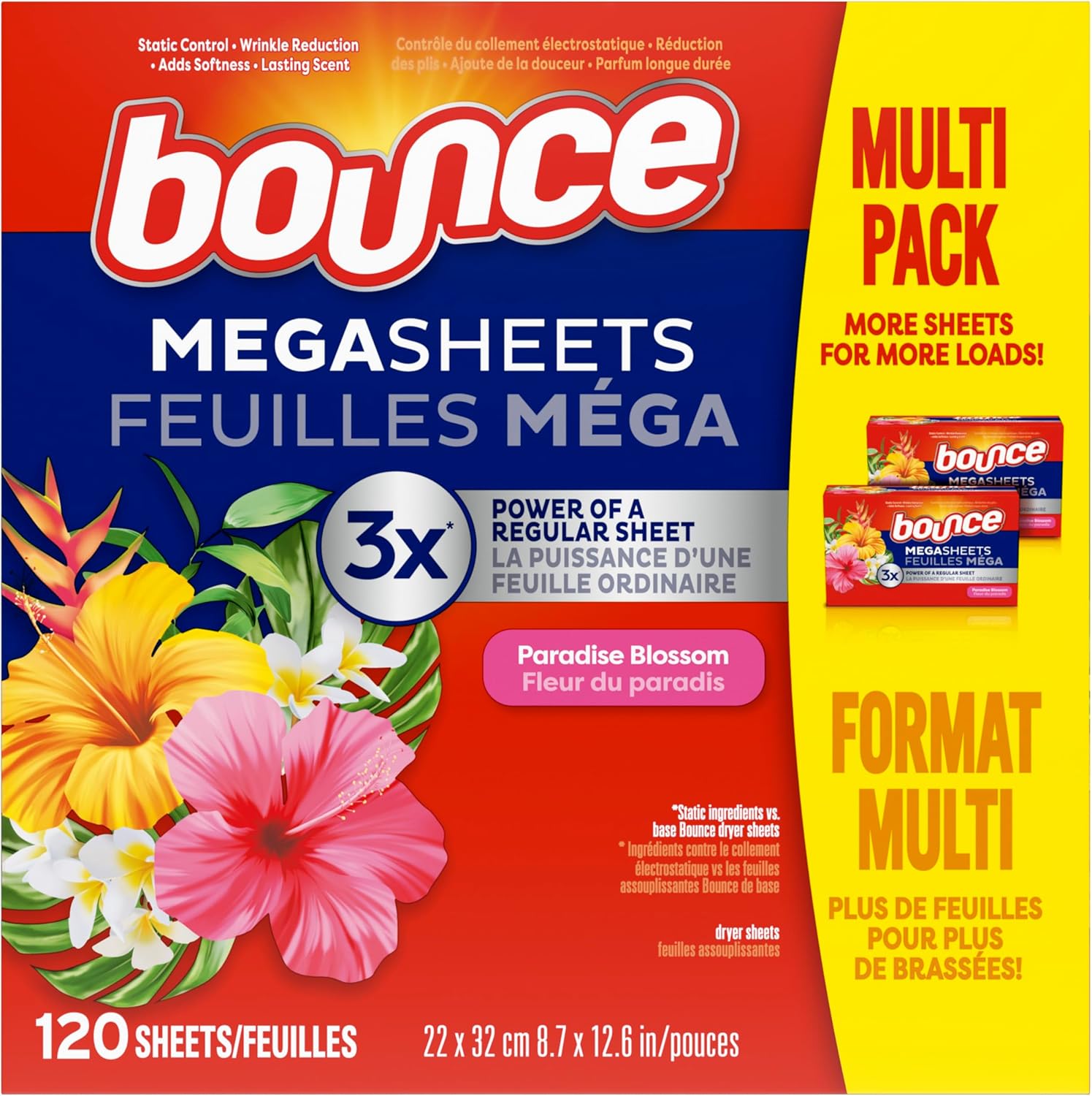 Bounce Mega Dryer Sheets, Paradise Blossom, 5-in-1 Benefits.