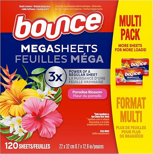 Bounce Mega Dryer Sheets, Paradise Blossom, Mega Fabric Softener Sheets ...