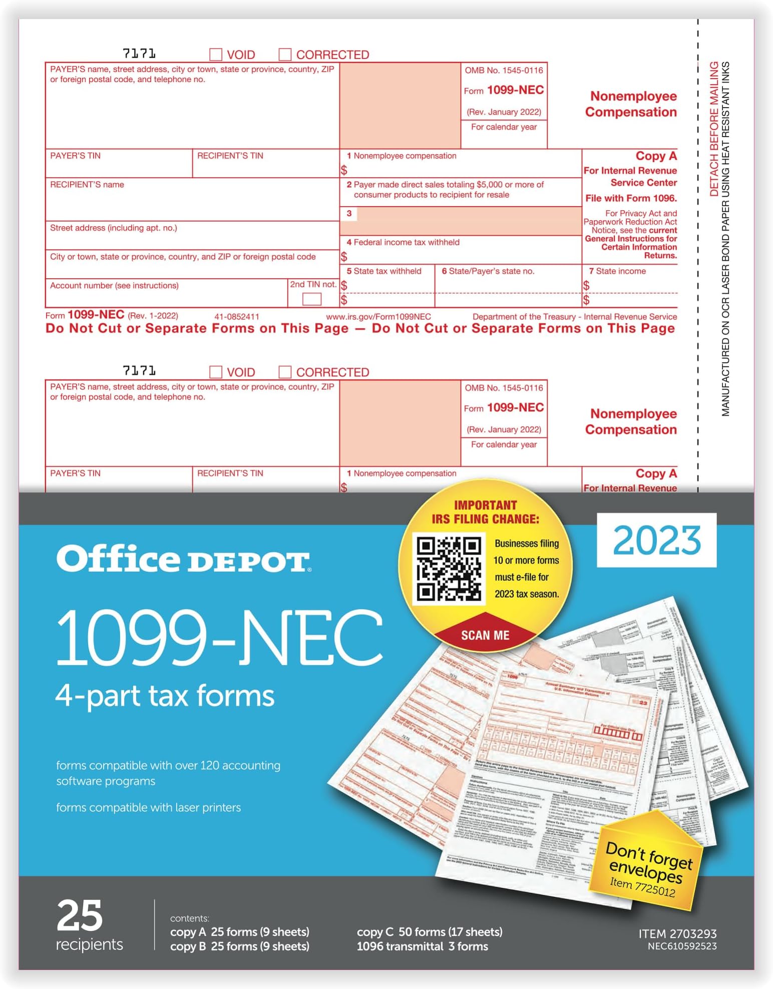 Amazon.com : Office Depot® Brand 1099-NEC Laser Tax Forms, 4-Part, 3-Up, 8-1/2" x 11", Pack of ...