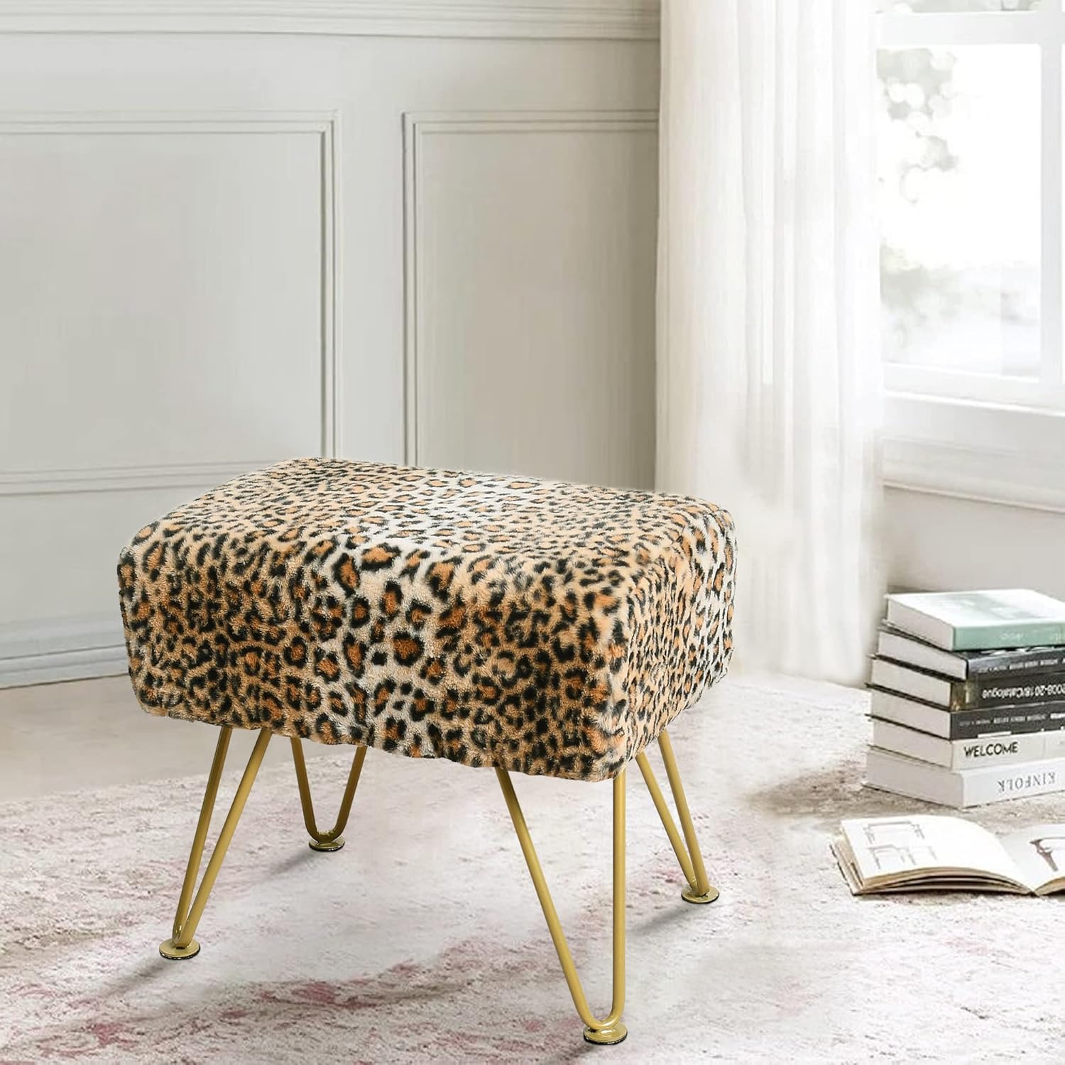 Amazon.com: Warmaxx Leopard Print Rectangle Ottoman 19"x13"x17" Faux ...