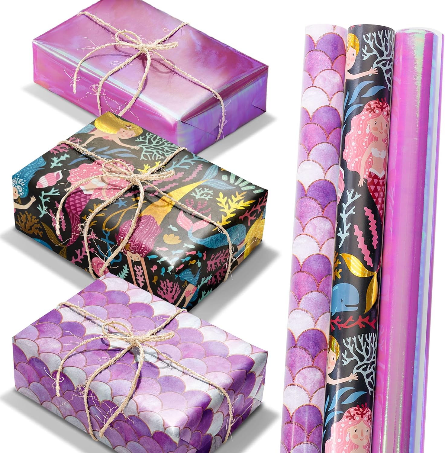Amazon.com: Capesaro Purple Mermaid Wrapping Paper - Mini 3 Rolls 17 ...