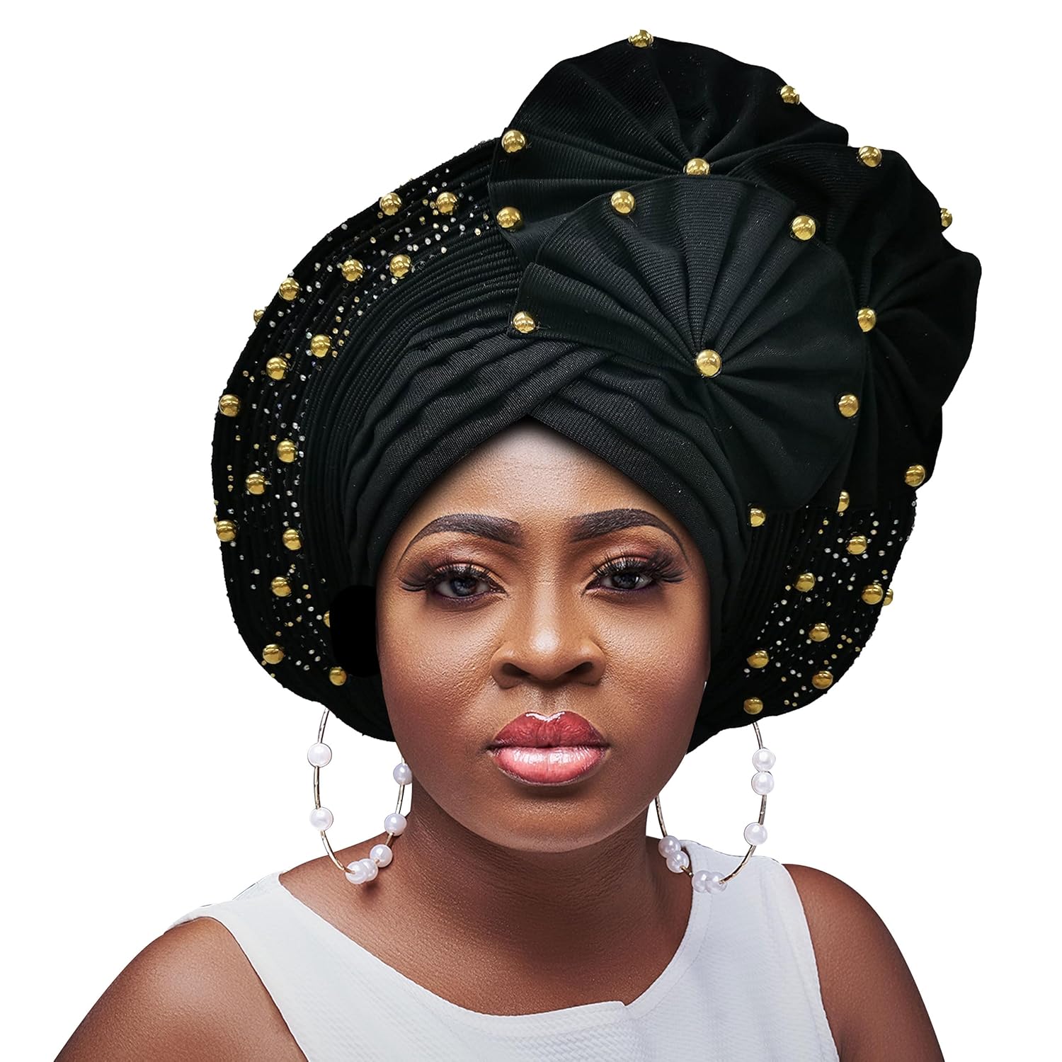 Amazon.com: Nigerian Gele Headties with Beads and Stones African Headtie Women Head Wrap Already ...