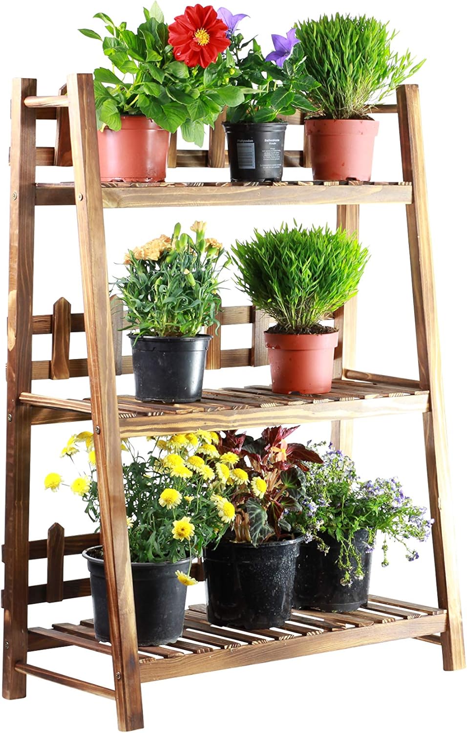 GOLDBEARUK Flower Steps - 3 tier Wooden Plant Ladder - Lightweight Wood ...
