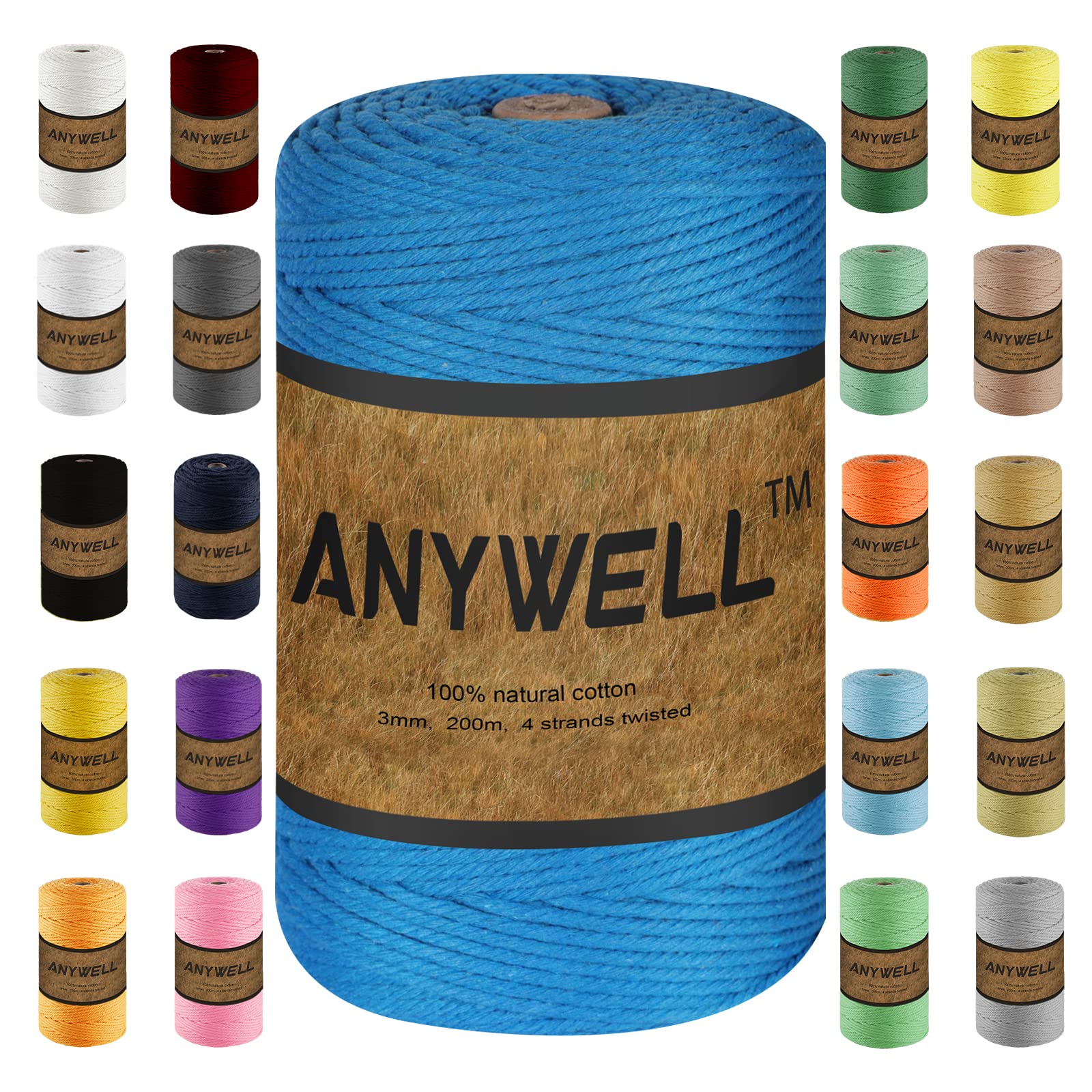 ANYWELL Peacock Blue Macrame Cord 3mm x 218 Yards, Corde Macramé ...