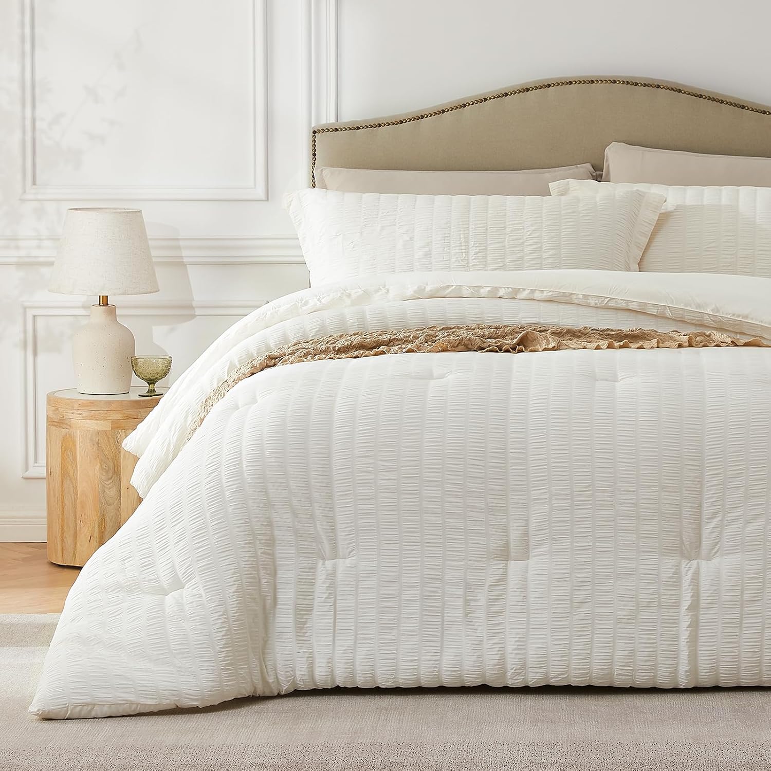 Amazon.com: Quataly Beige Queen Comforter Set - 3 Pieces Seersucker ...