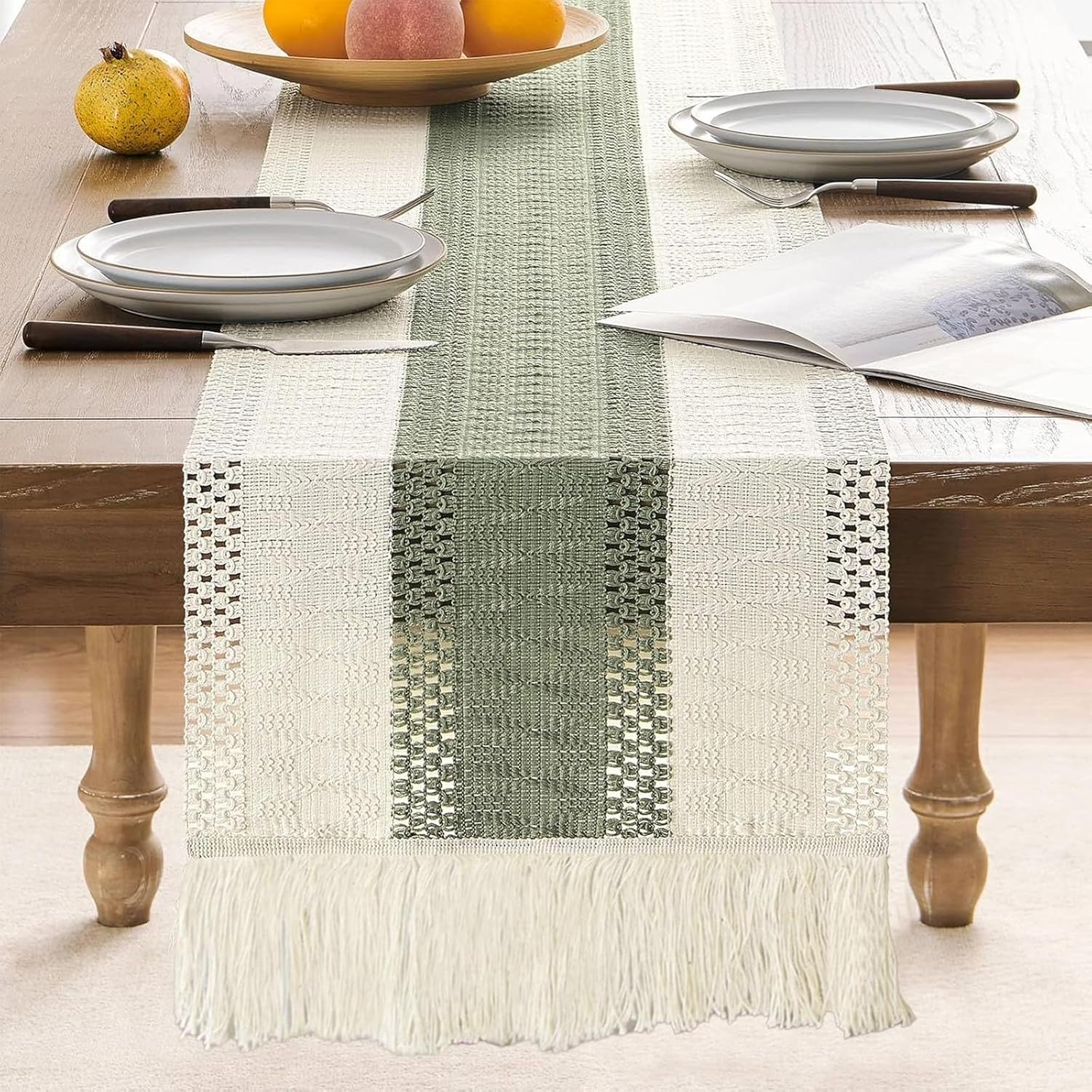 Bicolor Stitching Table Runner – 11.8 x 72 Inch Green/Ivory Boho Woven ...