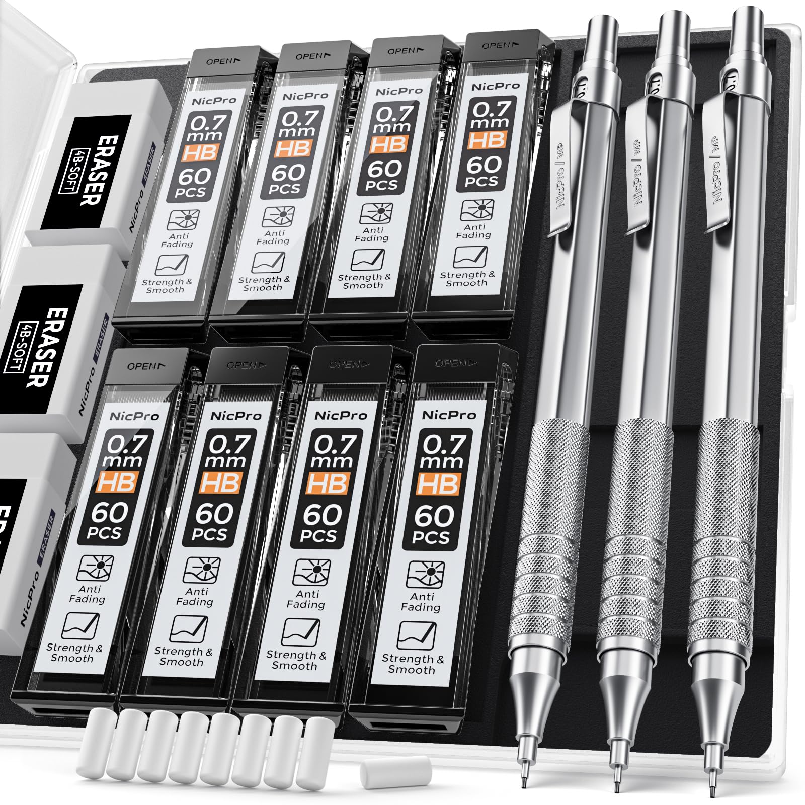 Buy Nicpro0.7 Metal Mechanical Pencil Set with Case, 3PCS MP1000 0.7mm ...