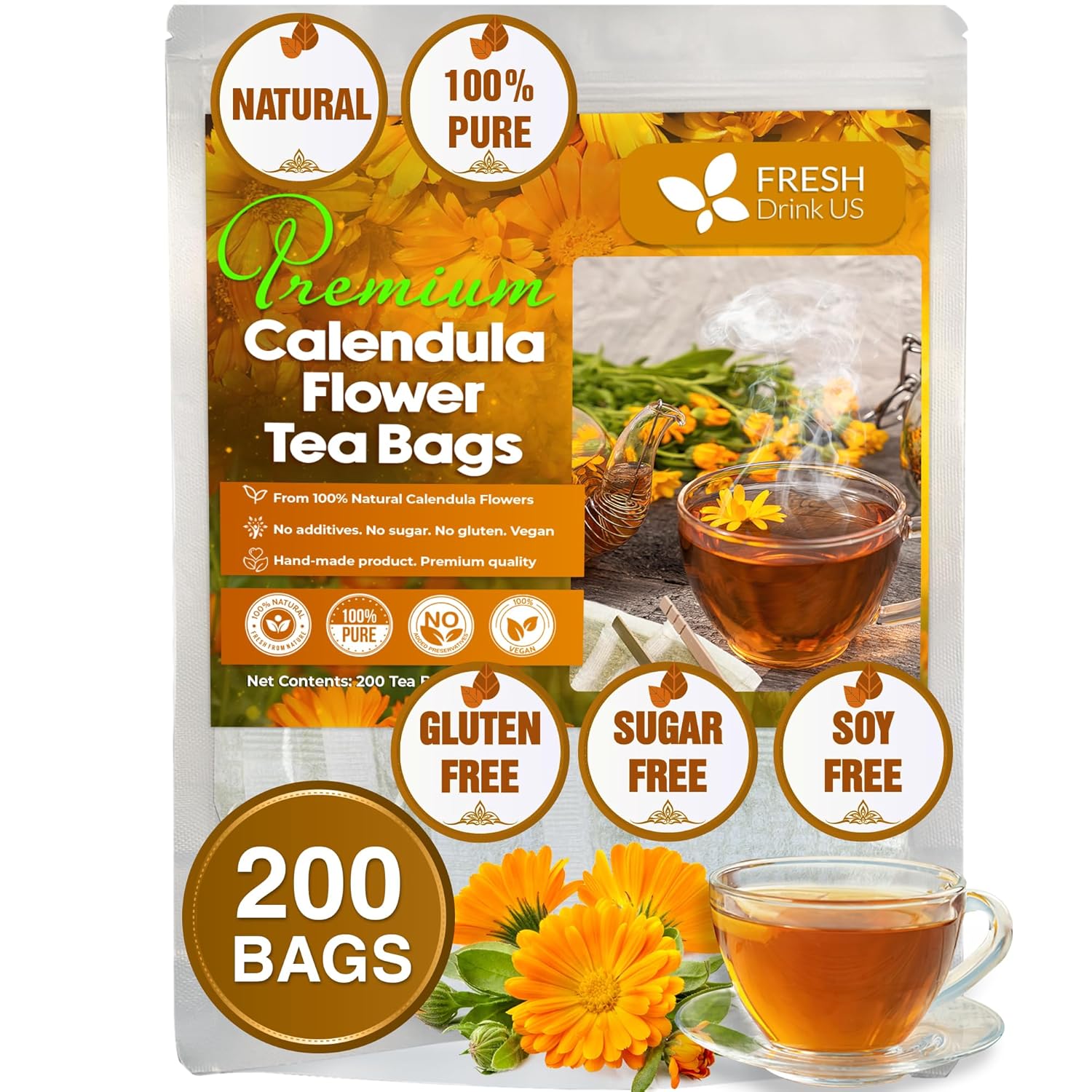 Amazon.com : FreshDrinkUS, Premium 200 Calendula Tea Bags, 100% Natural ...