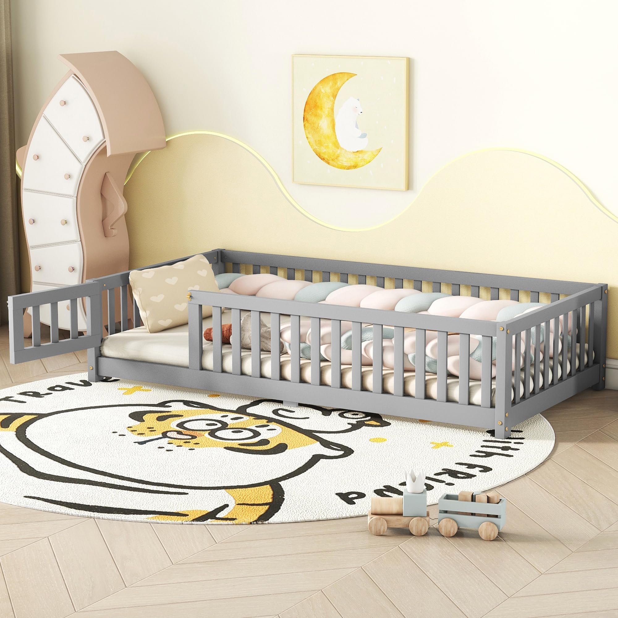 Amazon.com: ROOMTEC Twin Size Montessori Floor Bed Frame with Fence and ...