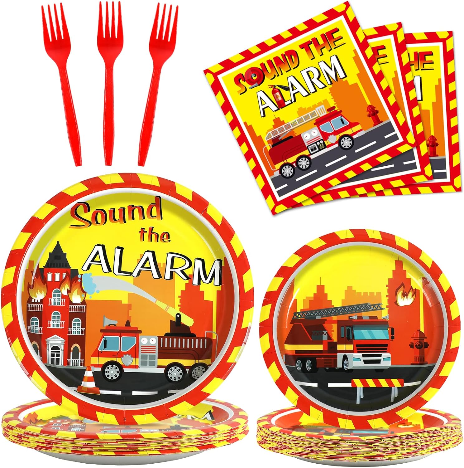 Amazon.com: 100 Pcs Firetruck Birthday Party Decorations Fireman Plates ...