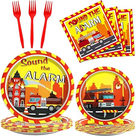 Amazon.com: 25 Guests Firetruck Birthday Decorations Fireman Plates and ...