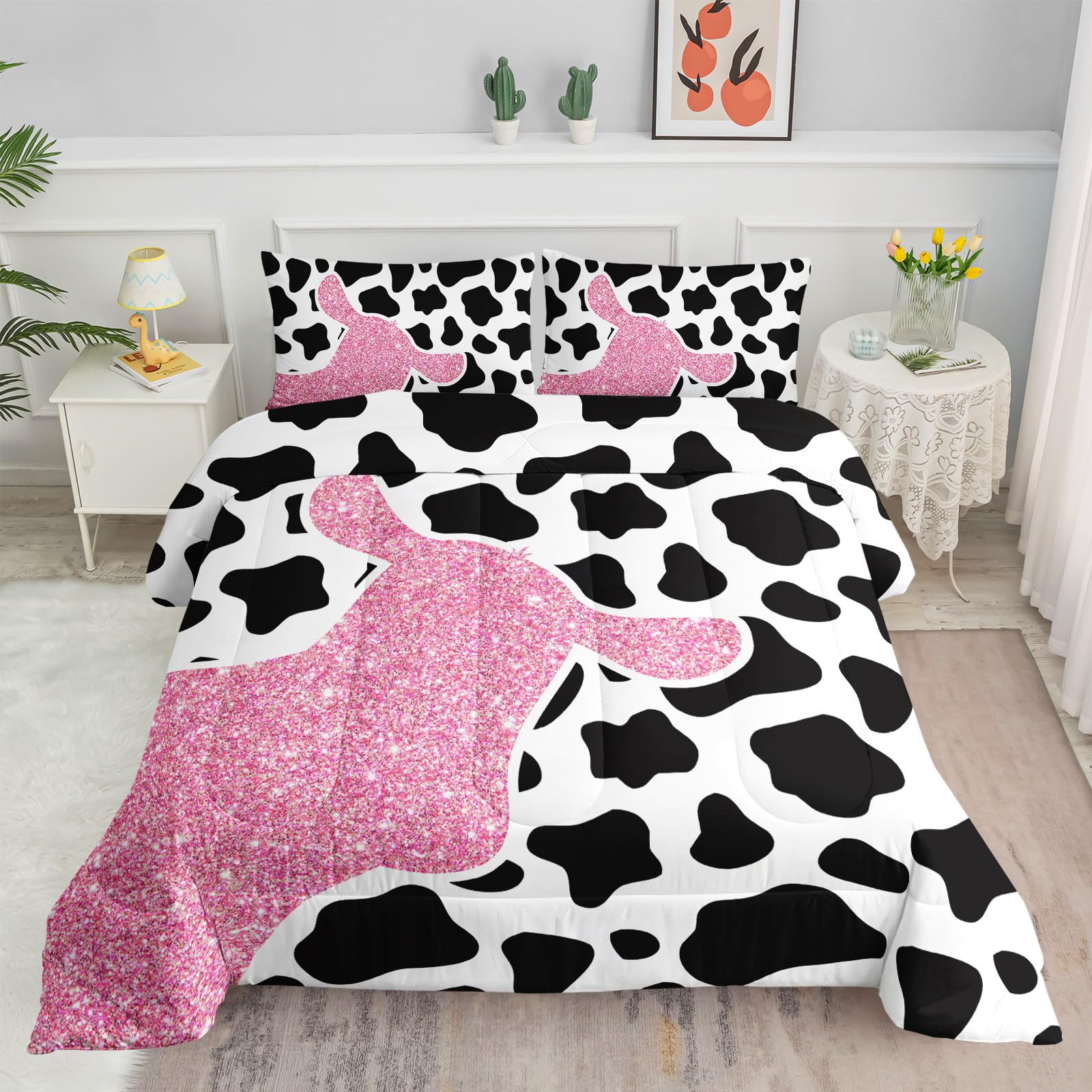 Amazon.com: Datura home Cow Print Bedding Comforter Set Pink with Black ...