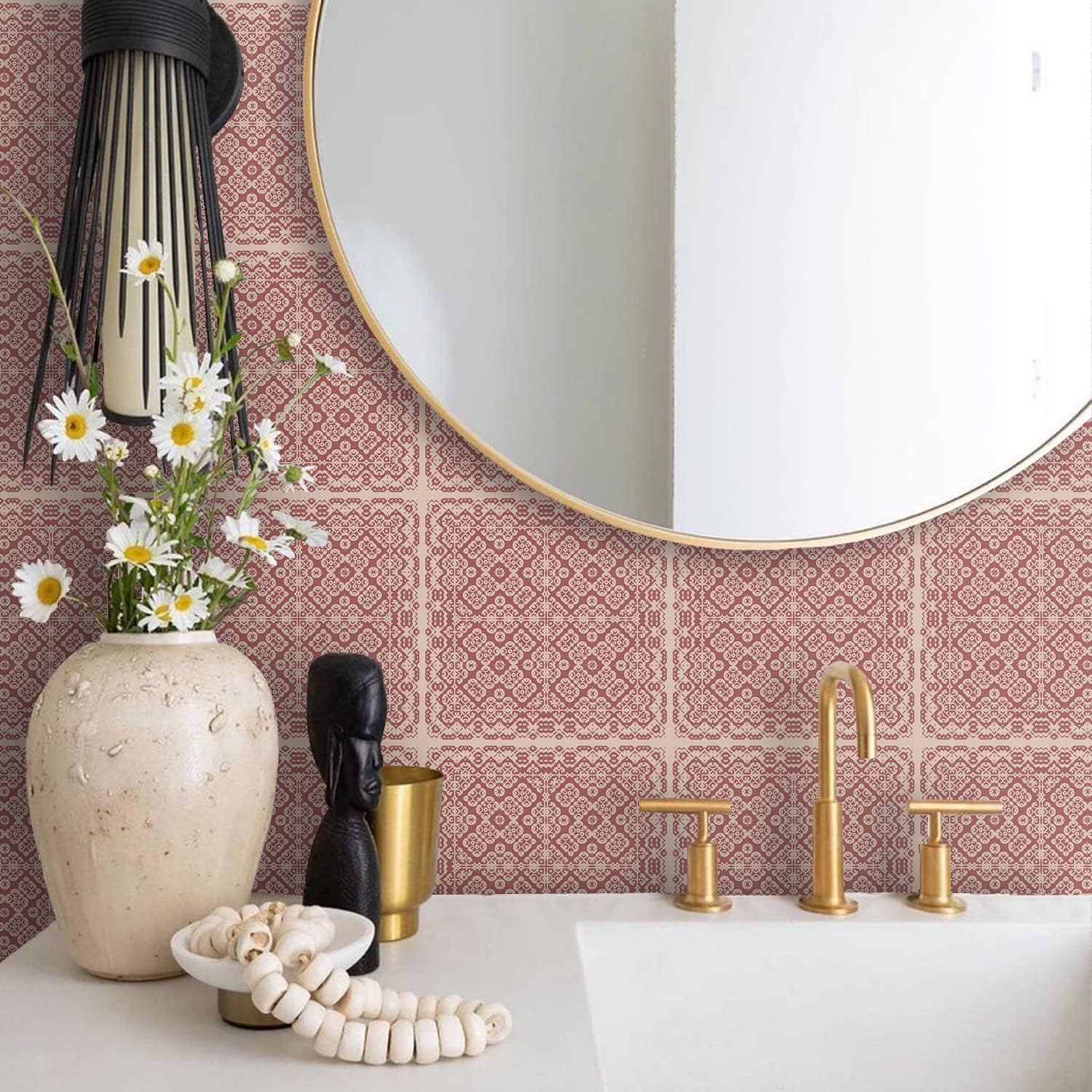 Alwayspon Tile Sticker, Red Self Adhesive Stick on Tiles Transfer ...