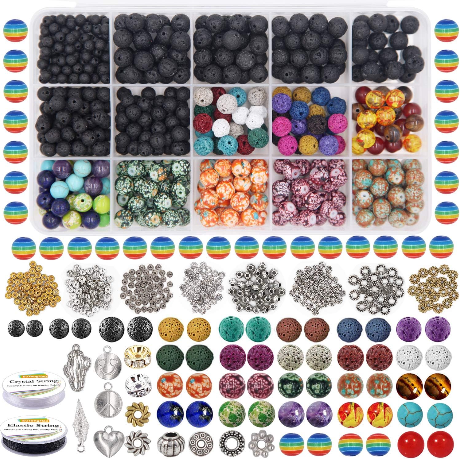 AIEX 606 Pcs Assorted Colored Lava Stone Beads Kit with Elastic Stretch ...