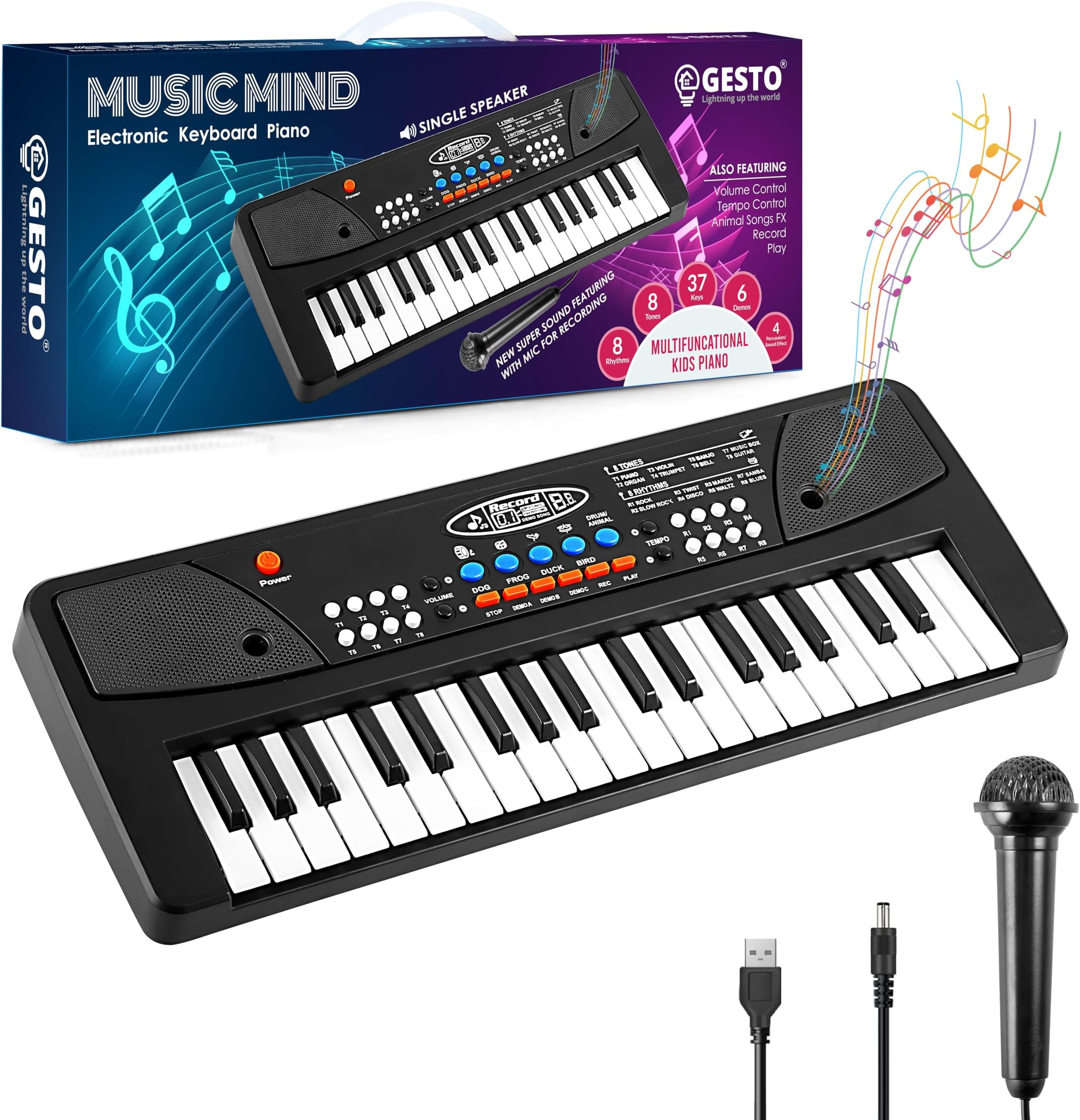 Buy Gesto Piano for Kids with Mic Recorder - 37 Keys 8 Rhythms 8 Tones ...
