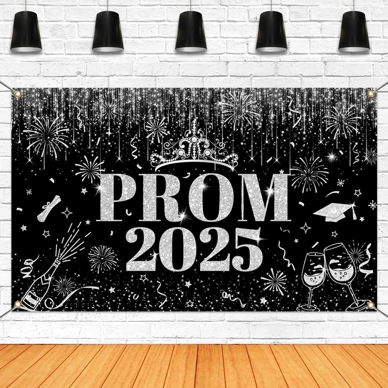Amazon.com : Mocsicka Prom 2025 Banner Silver Crown Graduation Night ...
