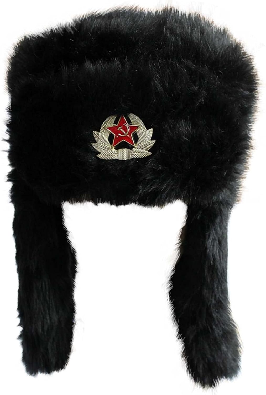 RUSSIAN TRAPPER HAT FAUX FUR WITH SOVIET BADGE USHANKA COSSACK FLAPS ...