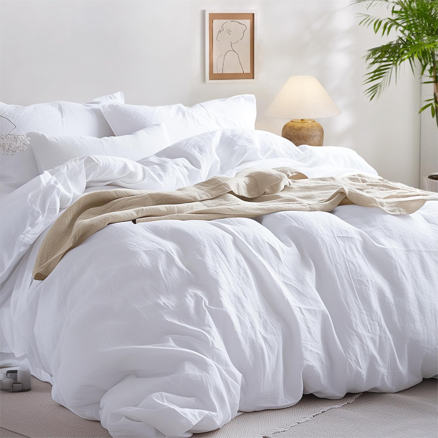 Amazon.com: Bedsure 100% Washed Cotton Duvet Cover King - Bright White ...