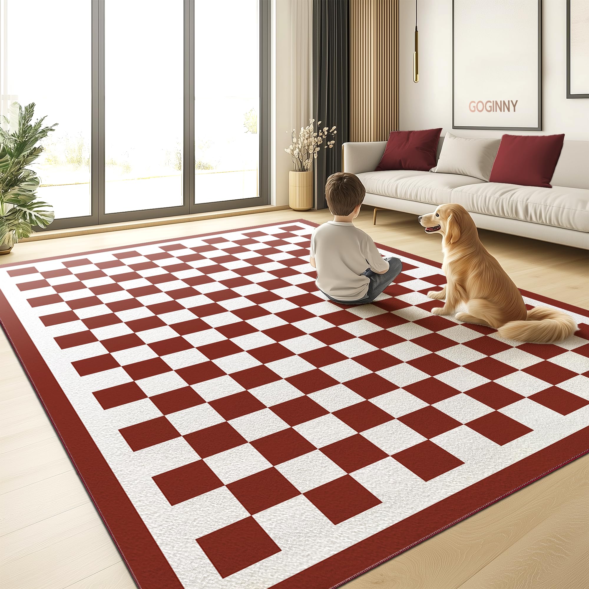Amazon.com: Washable 5x7 Checkered Area Rug for Living Room, Dark Red ...