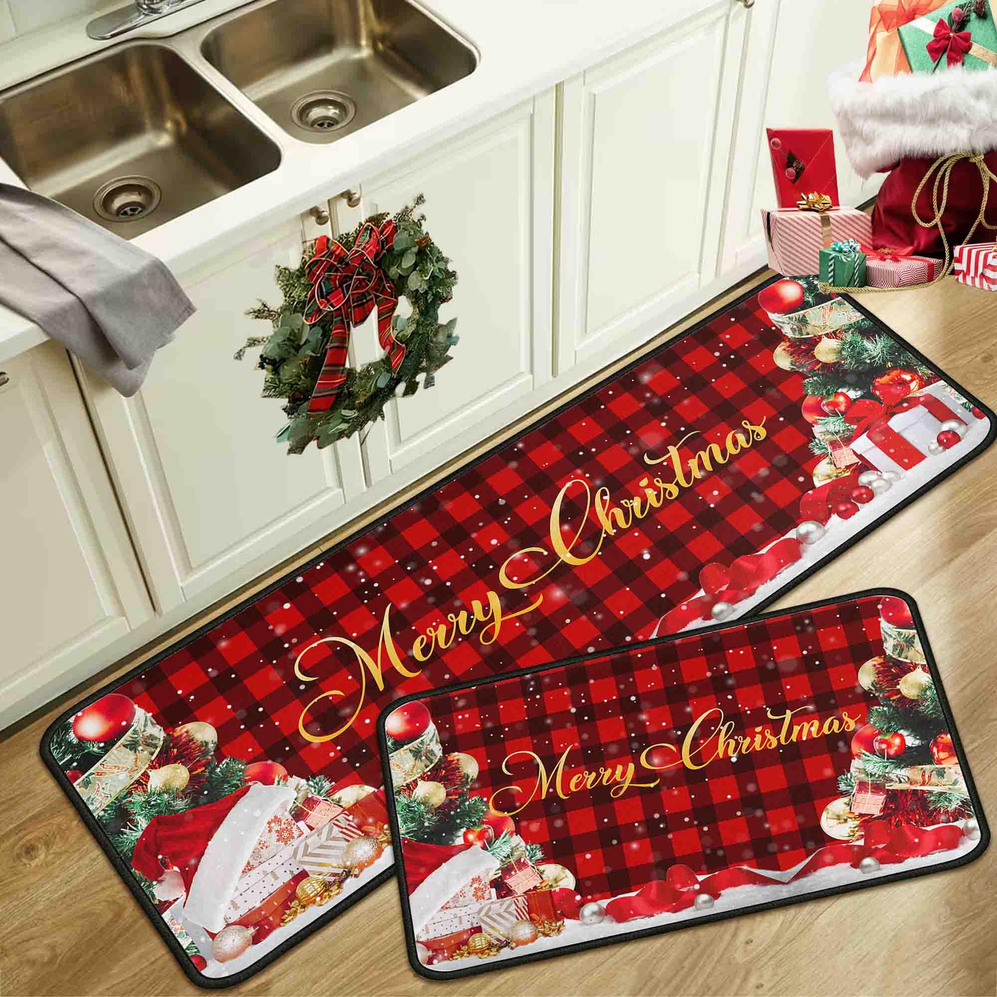 Amazon.com: Noulmea Buffalo Plaid Snow Red Christmas Kitchen Rugs and ...