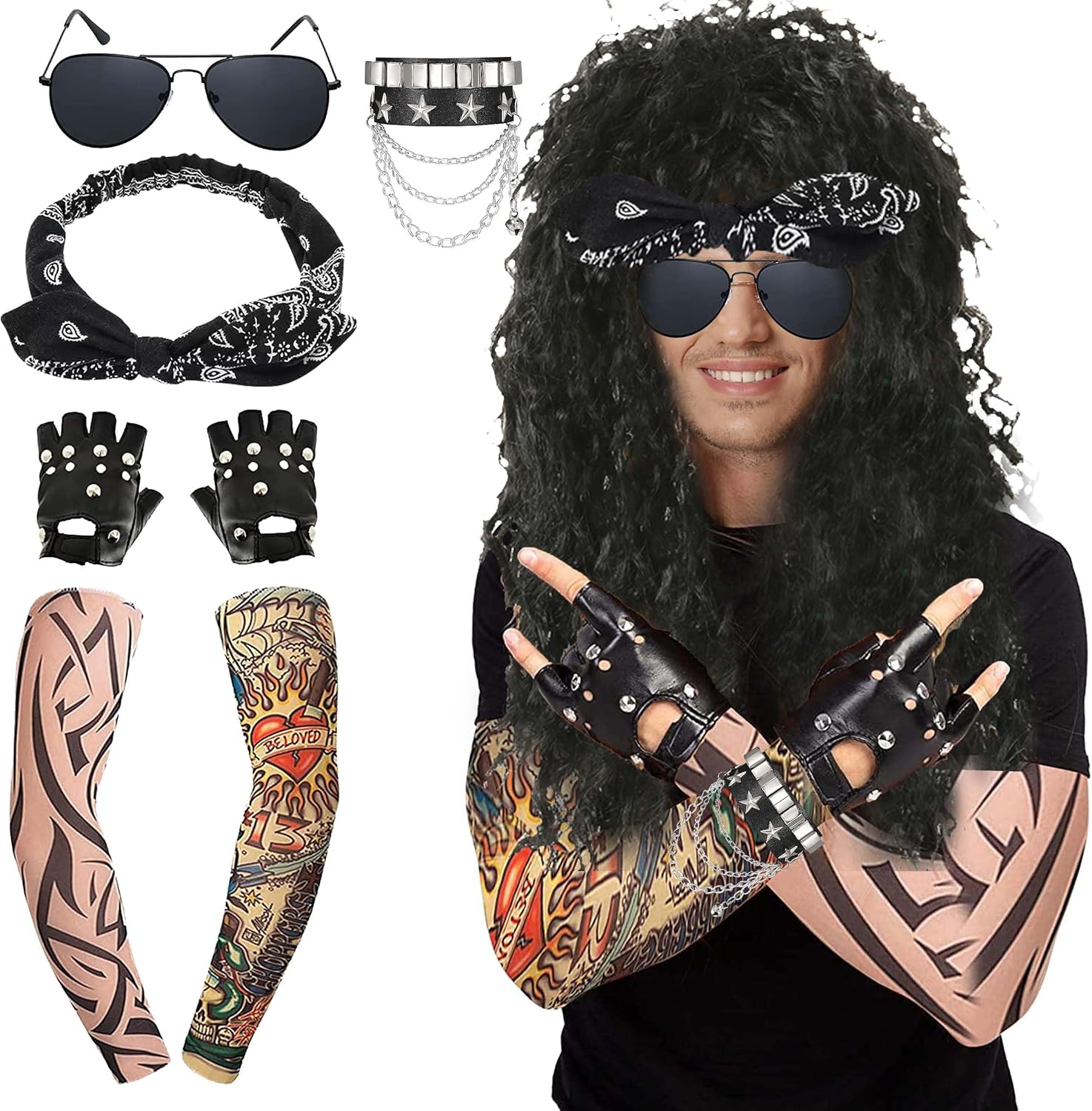 Keruto Punk Wig Set - 80s Heavy Metal Rock Slash Wig, Adults Halloween ...